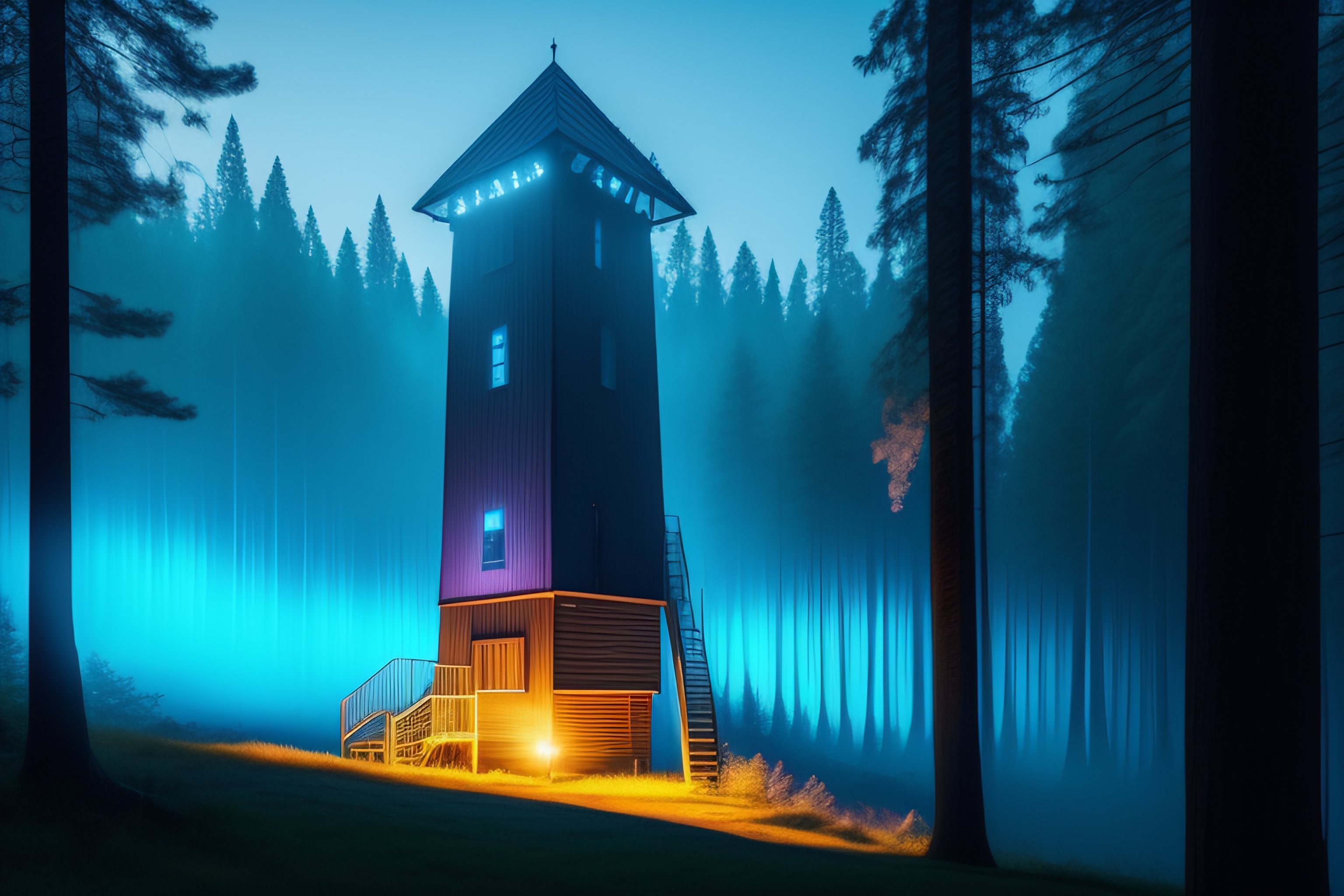 Lexica - A firewatch tower in the middle of the forest, in the night ...
