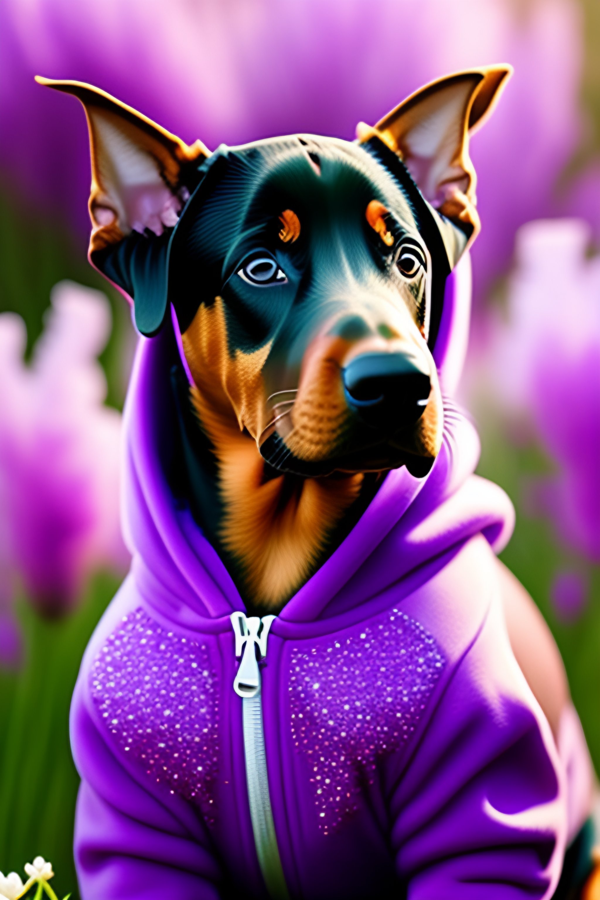 Lexica - Cute doberman puppy wearing lavender rhinestone hoodie sitting ...
