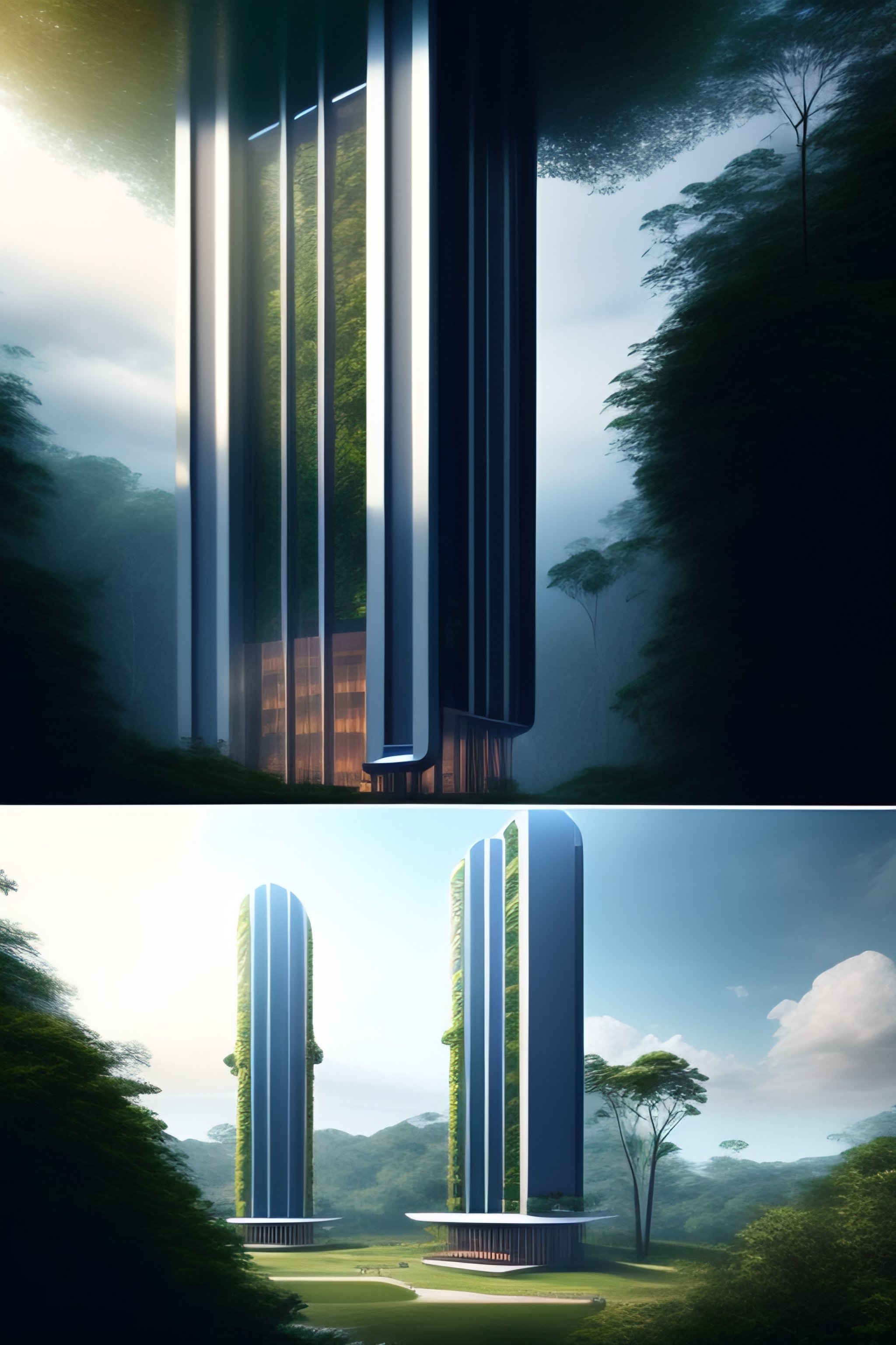 Lexica - Two futuristic towers with a sky bridge in amazon forest