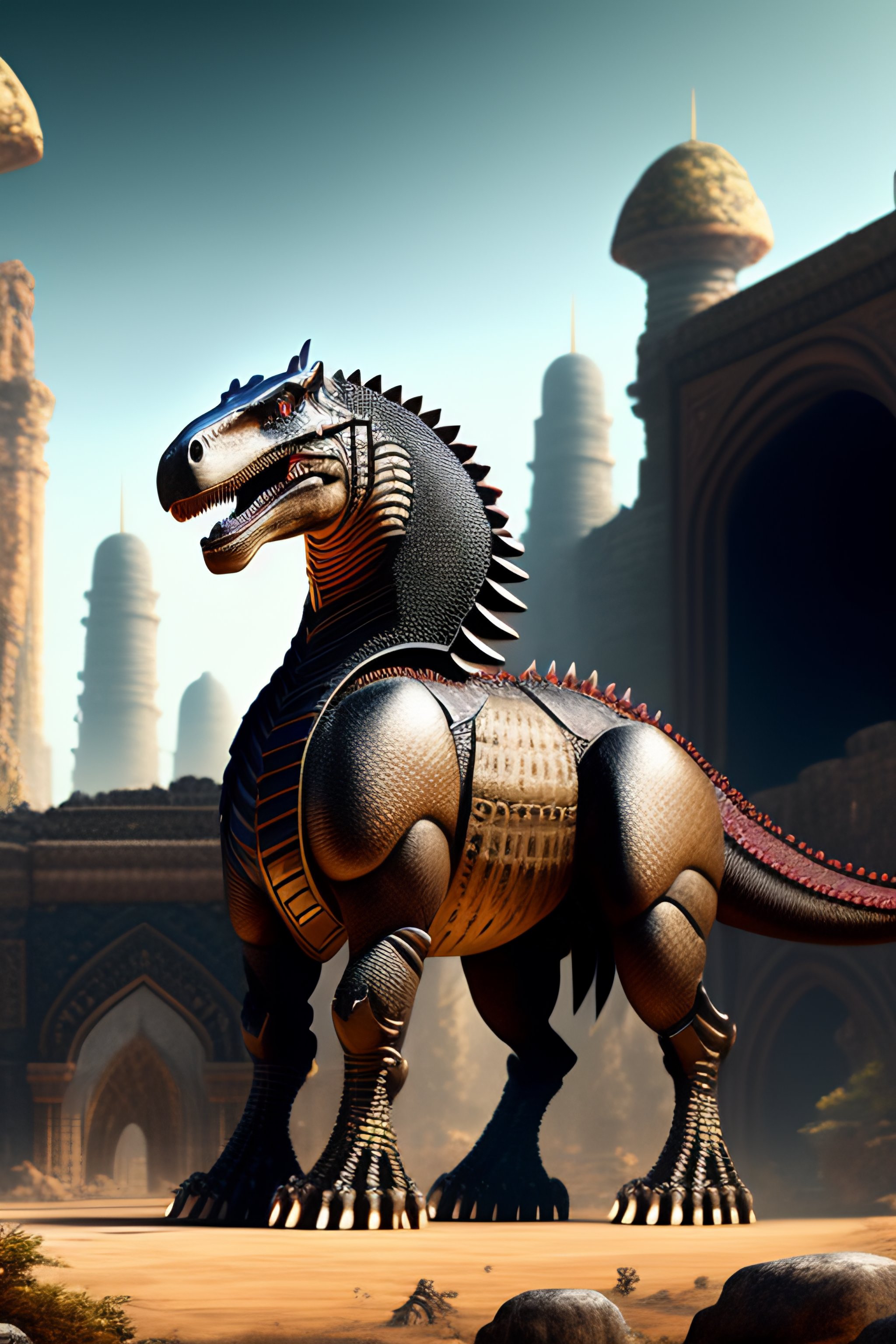 Lexica - An armoured humanoid tyrannosaurus rex standing looking over ...