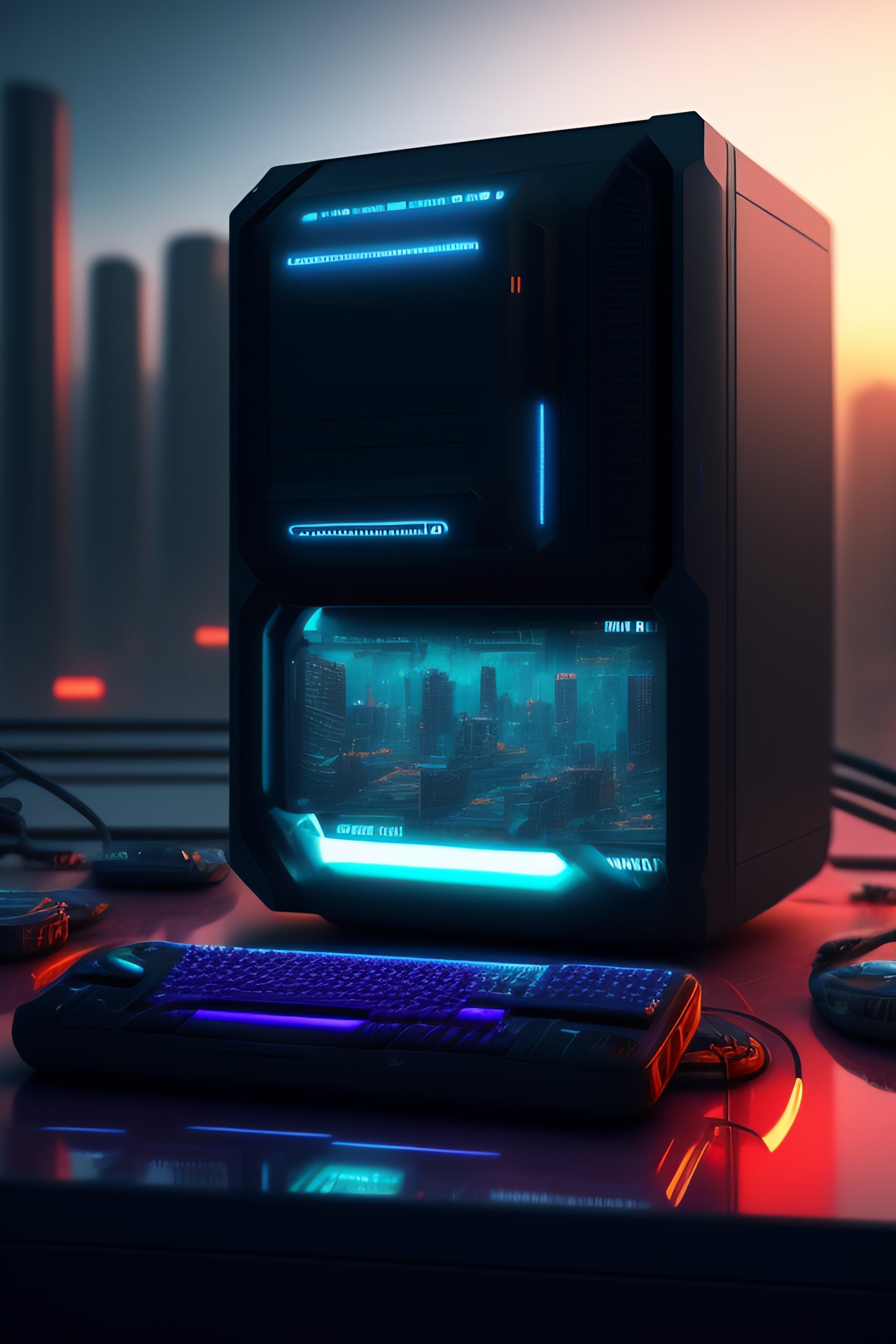 Lexica - Computer in cyberpunk style, transparent side glass, against ...