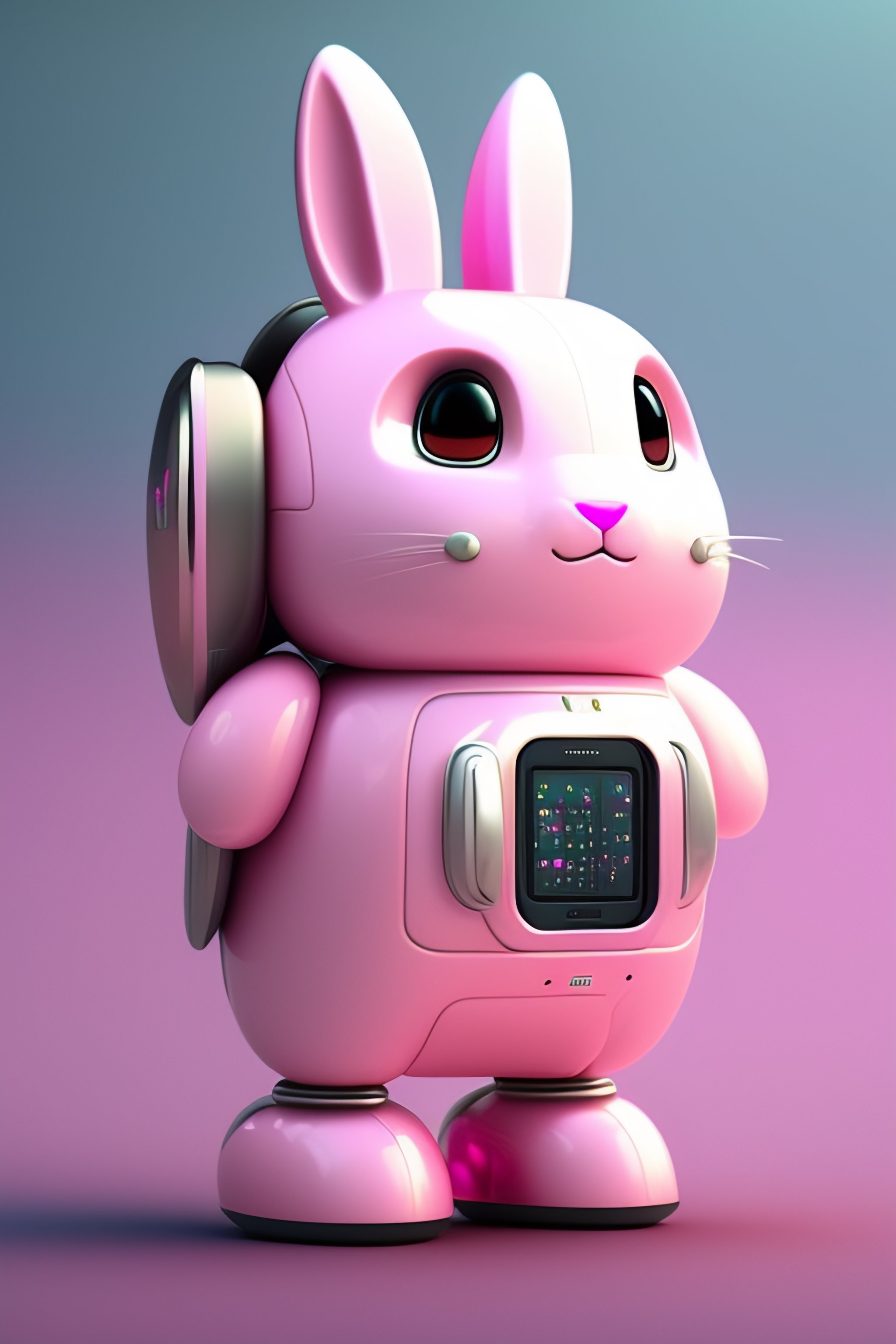 Lexica - Soft Pink Bunny robot working on a smartphone