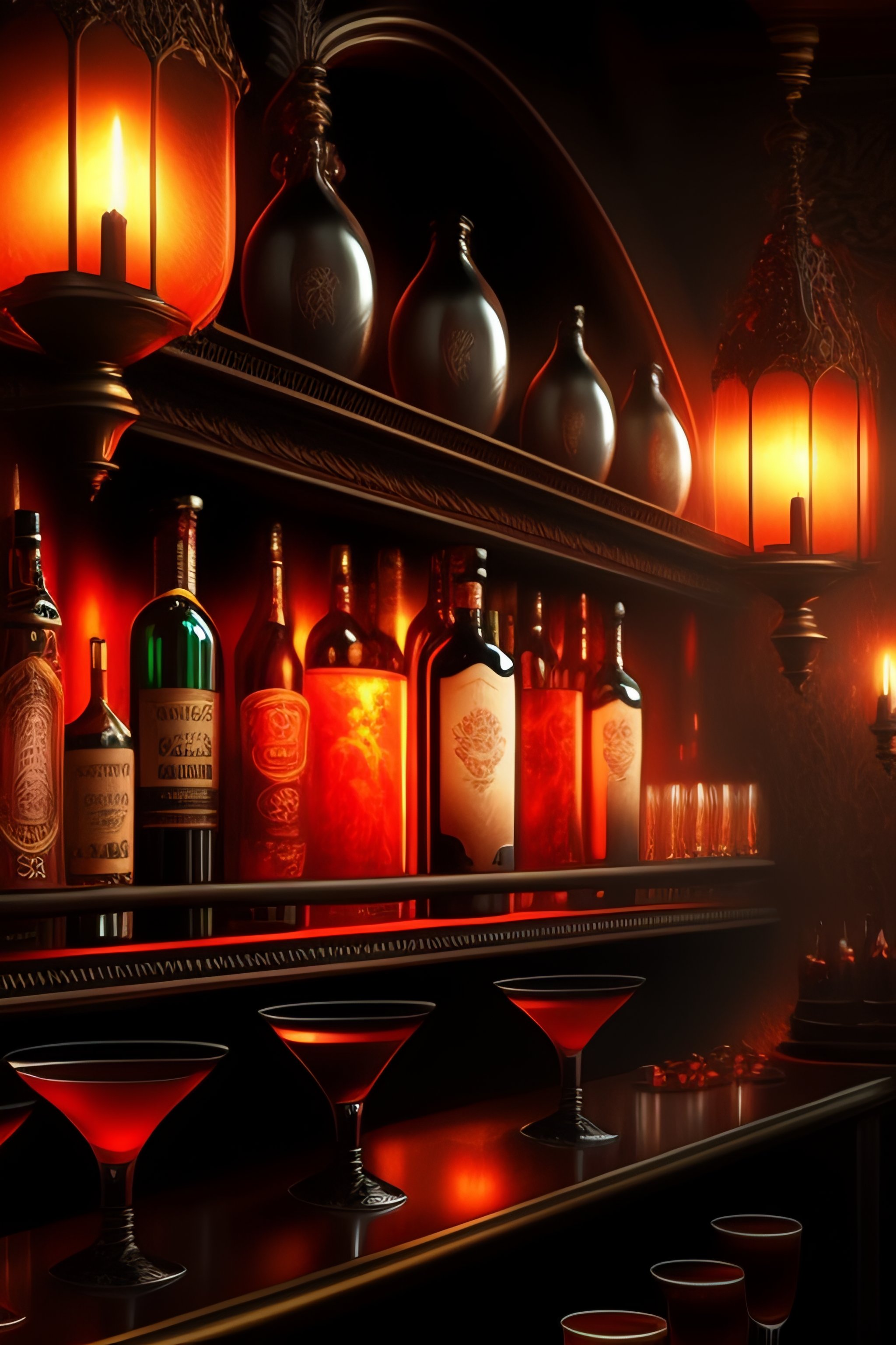 Lexica - A vampire bar, blood-bottles, bloody drinks, cinematic style ...