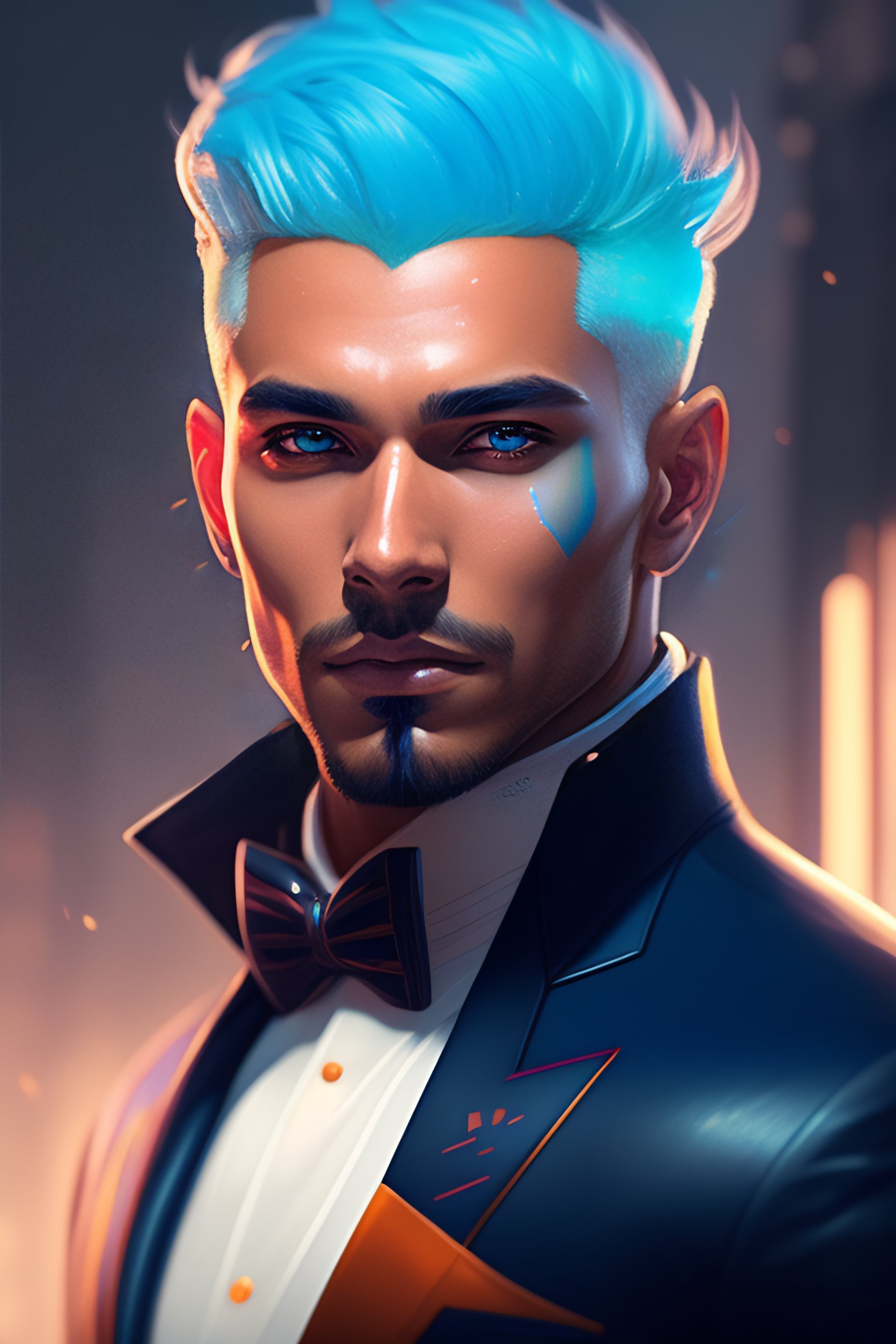 Lexica - A portrait of a fake tan male scientist with cyan blue hair by ...