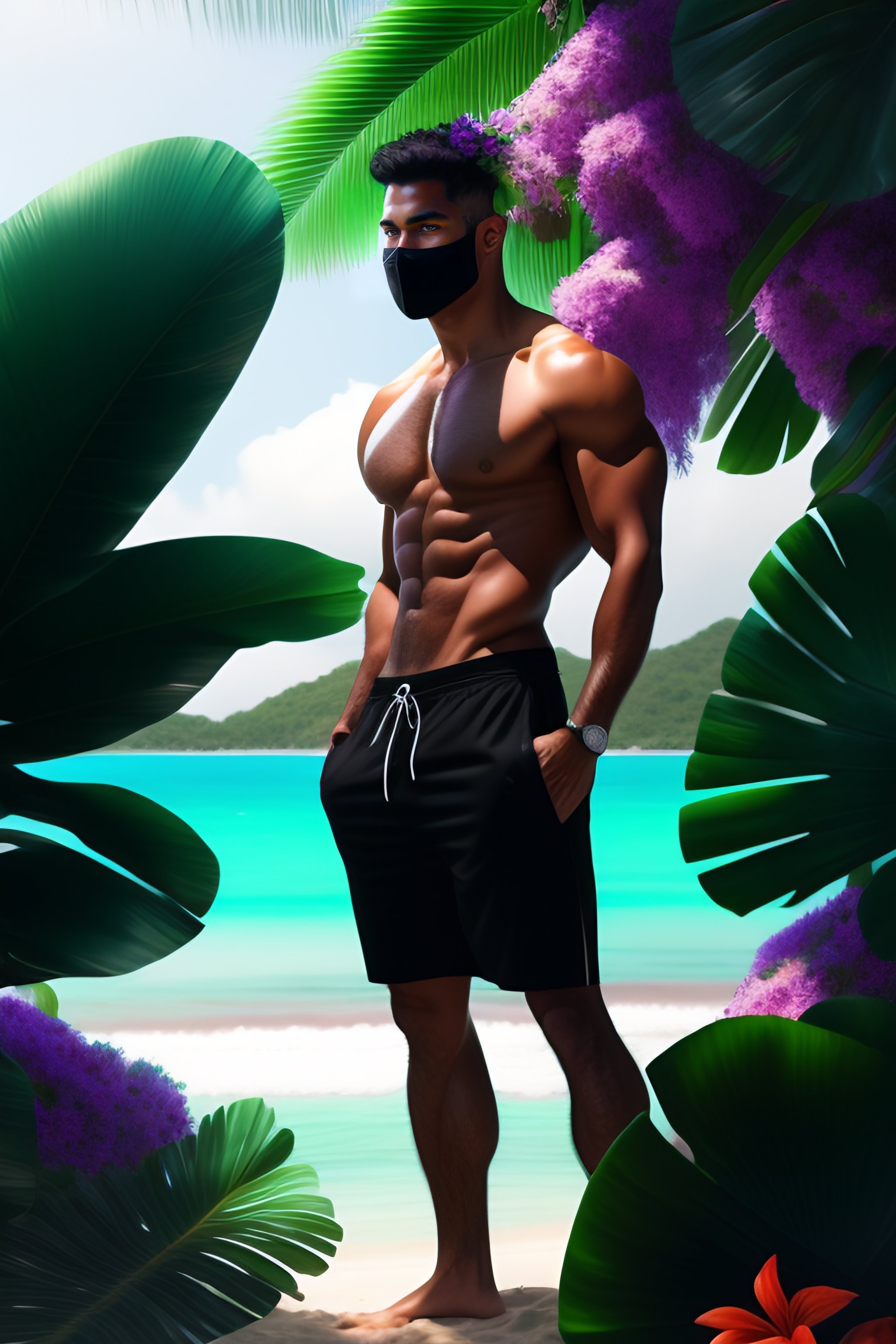 Lexica - Handsome Brazilian mulatto man wearing black swim trunks and ...