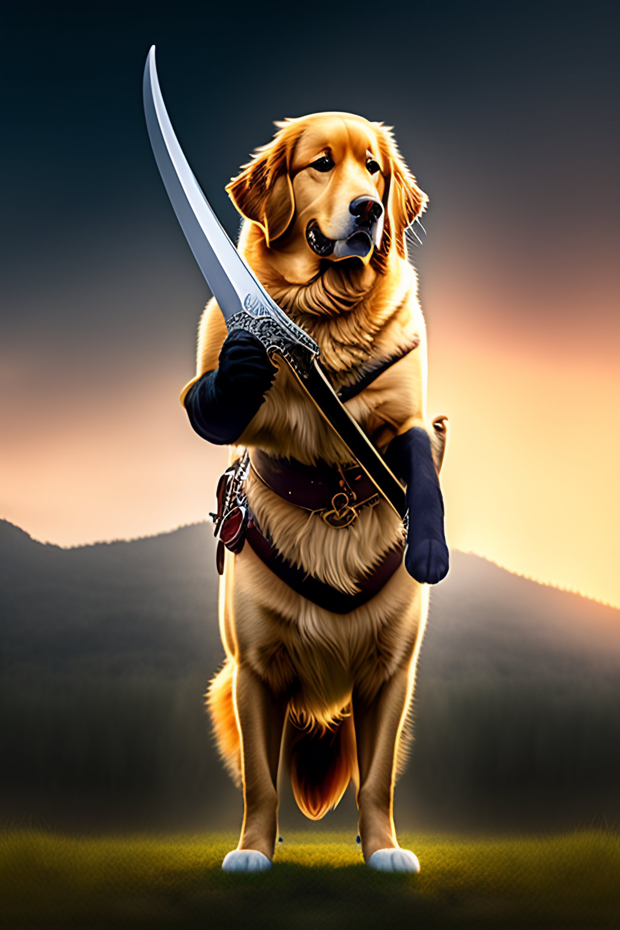 Lexica - A golden retriever, standing ，with sword in the hand