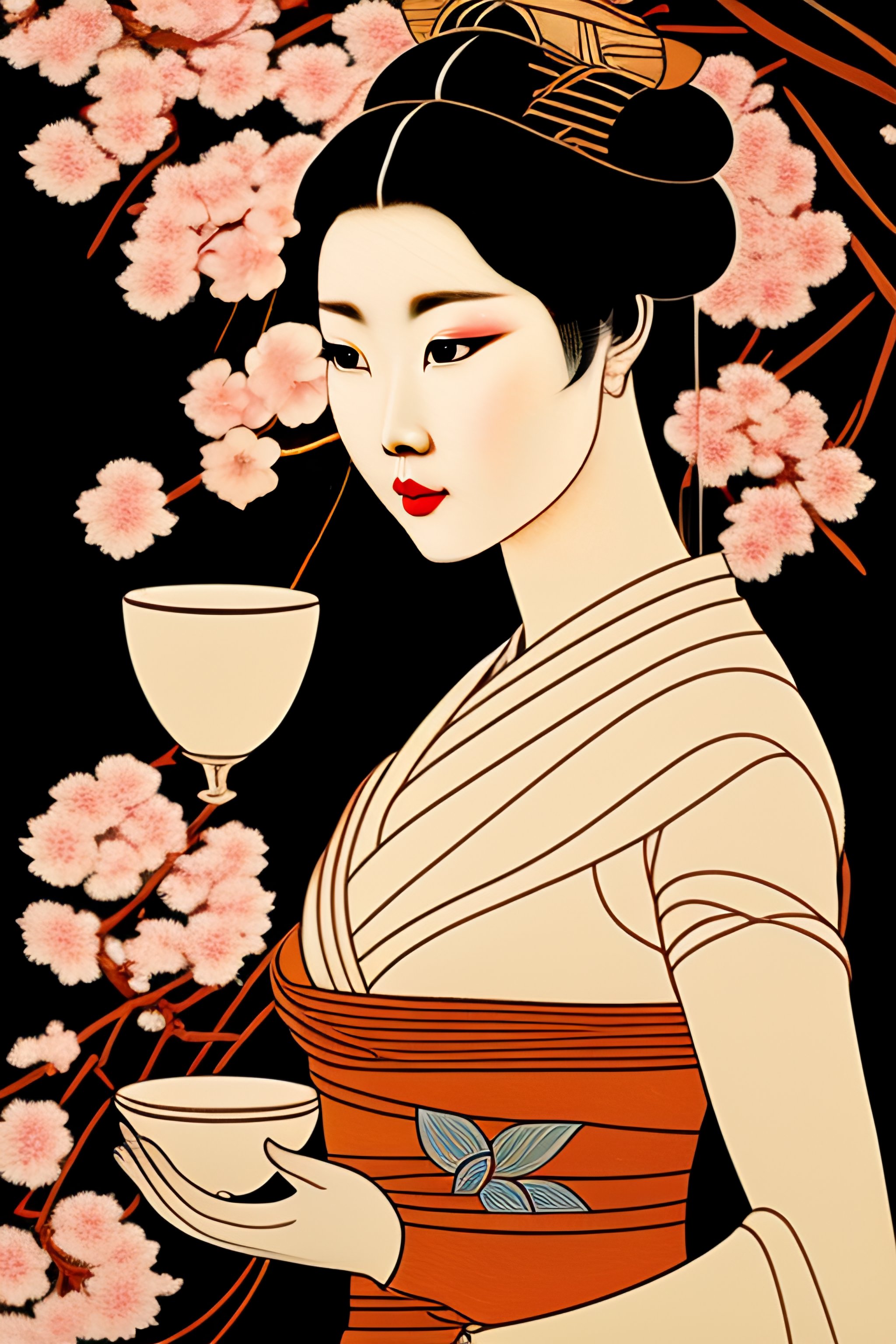 Lexica - LINE DRAWING OF A GEISHA WITH DELICATE HANDS HOLDING A CUP OF ...