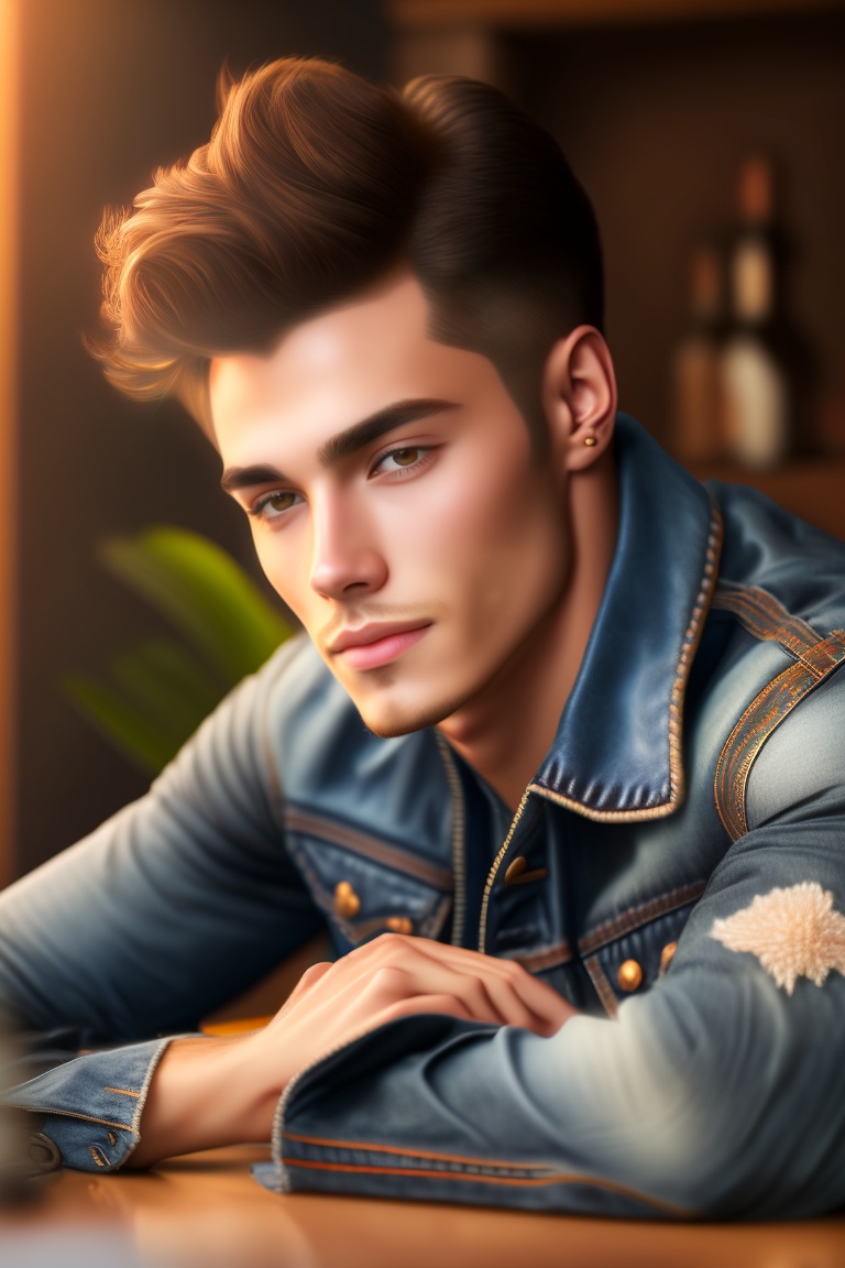 Lexica - 25 years old handsome boy, wearing denim jacket, sitting in ...