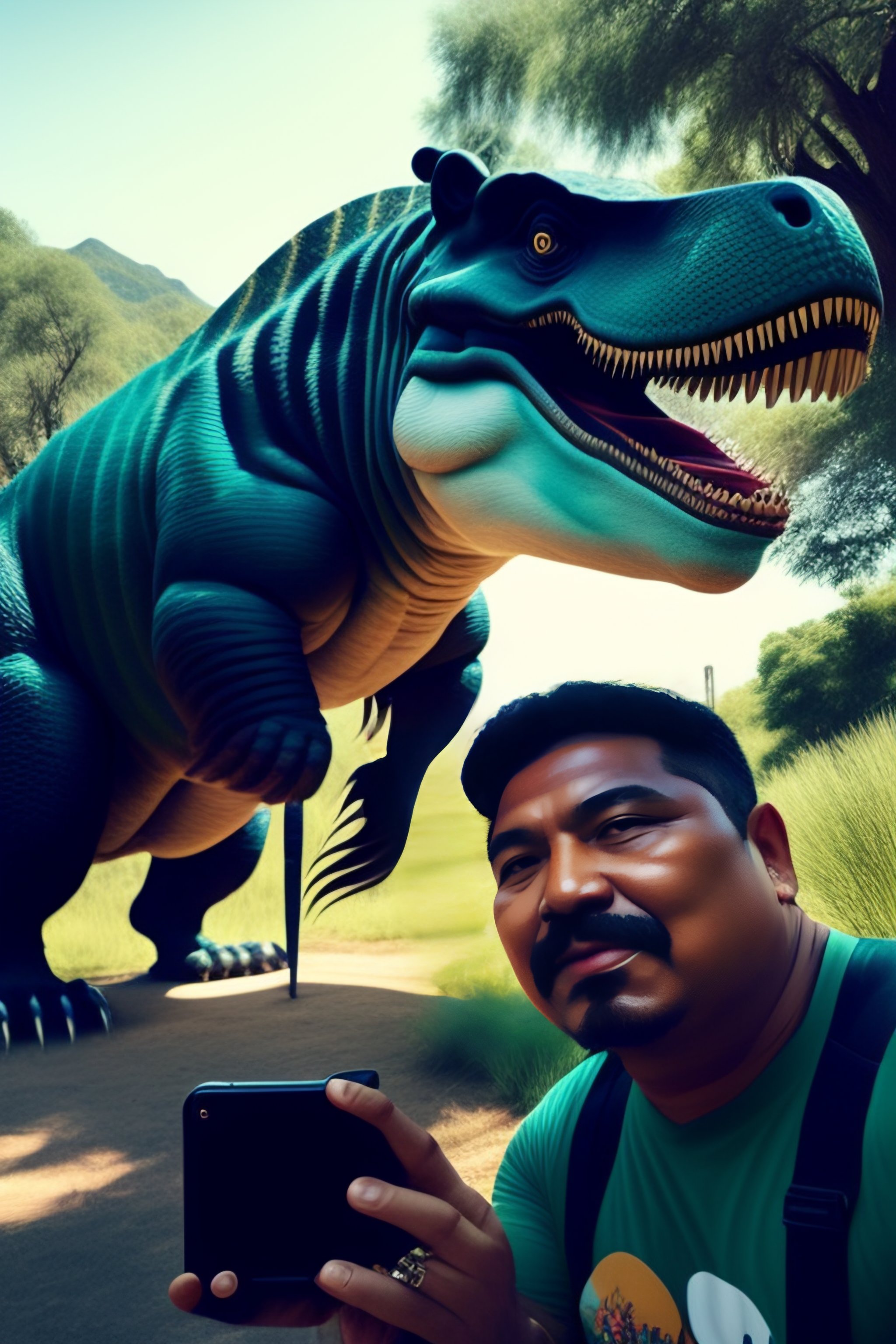 Lexica - Banderitax Taking a selfie with a t-rex