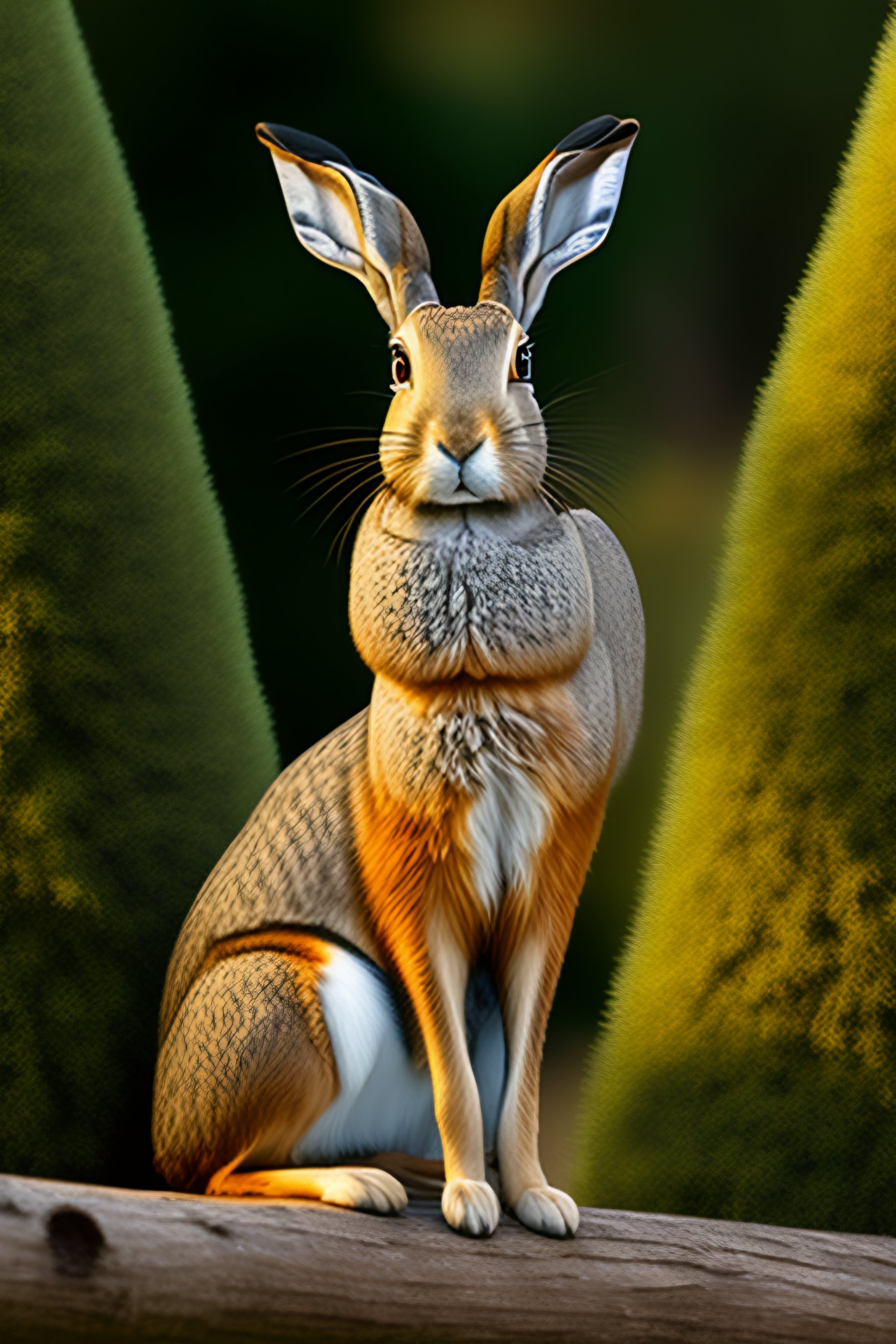 Lexica - A long-eared hare sits on a cypress branch