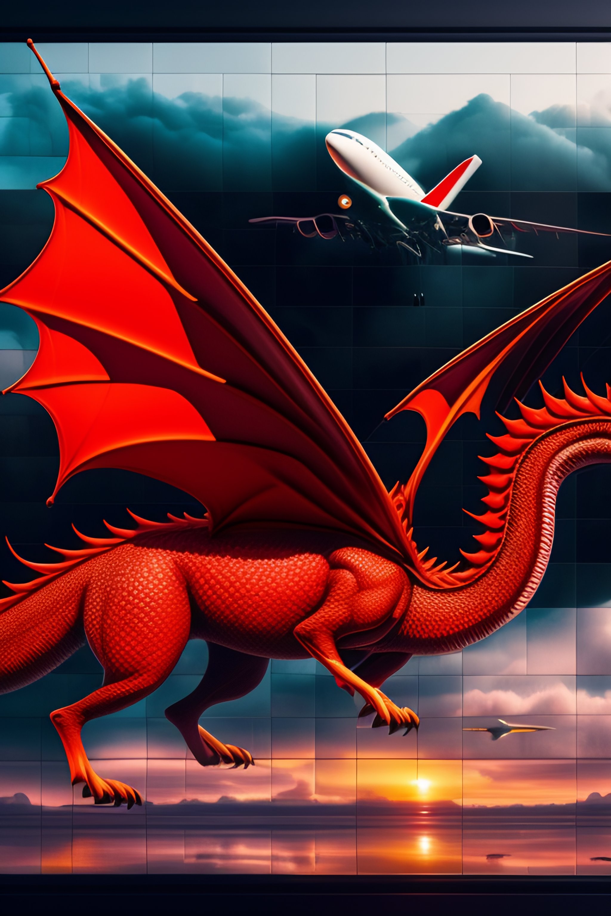 Lexica - A red dragon seeing an airplane in a mosaic