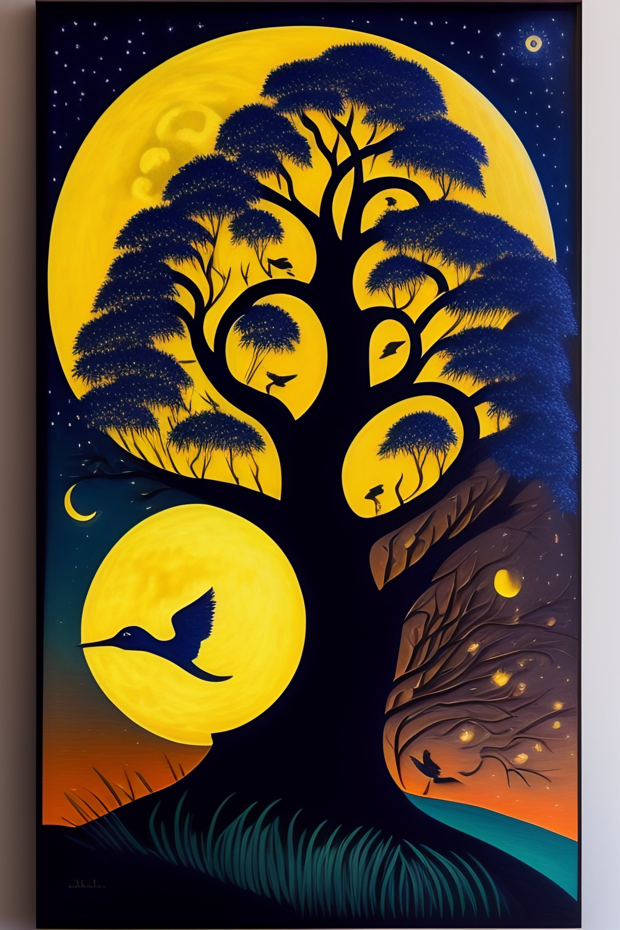 Lexica - Tree with birds , moonlight , full moon, picasso