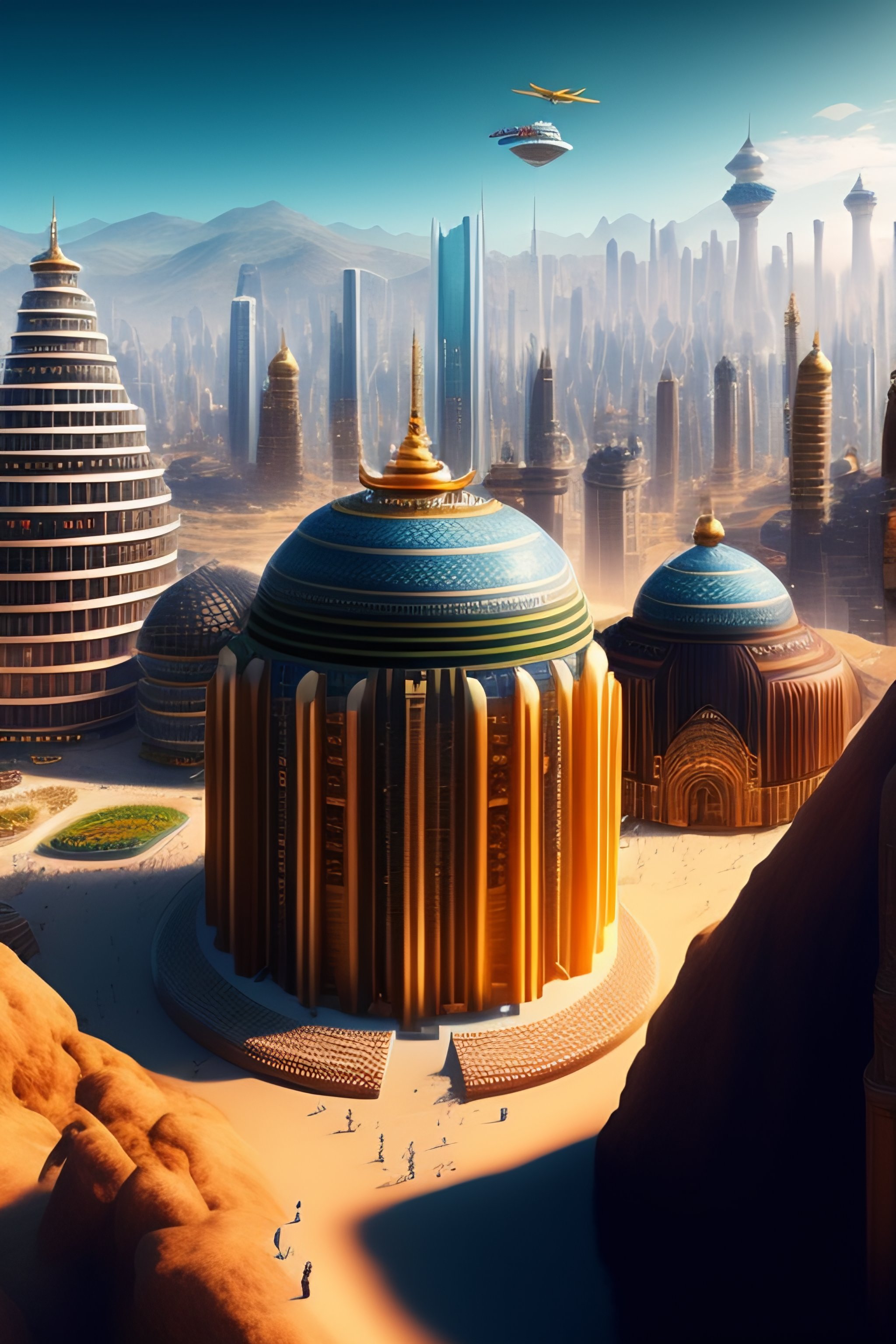 Lexica - A city in a microscopic civilization with people and flying cars