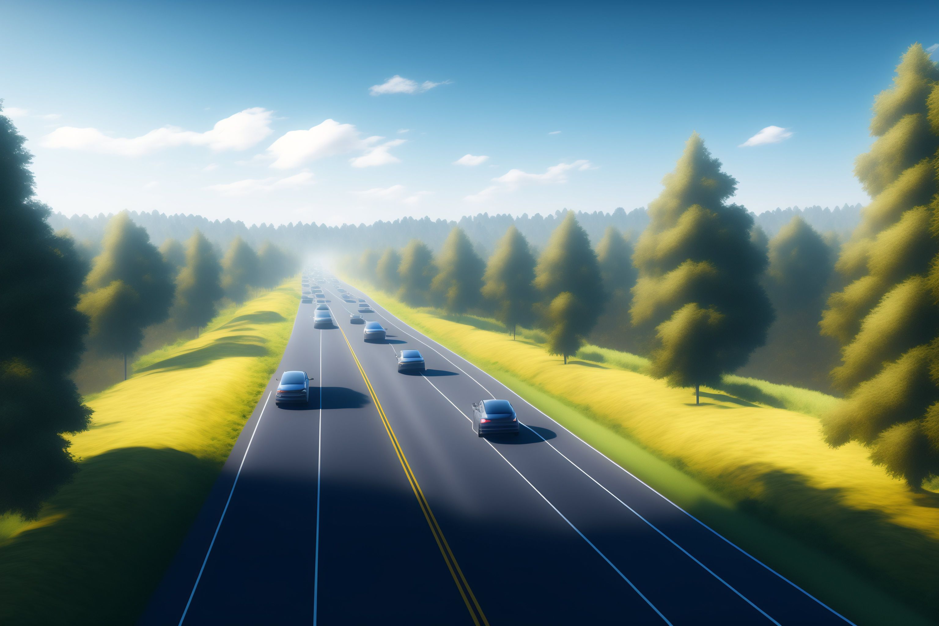 Lexica - Tesla cars on a freeway, lots of trees, blue skies hyper ...