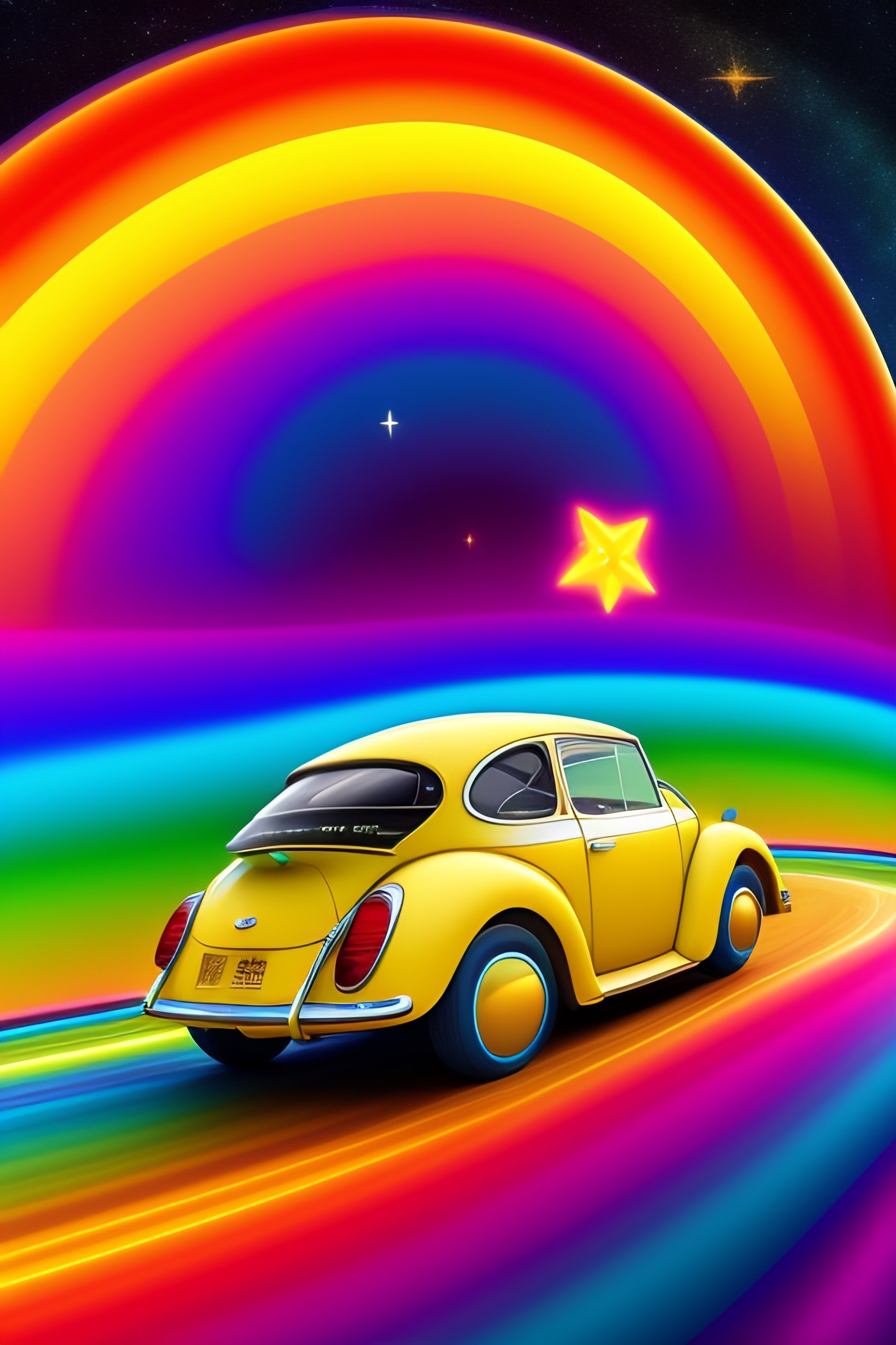 Lexica - 1960s yellow voltswagen bug driving on a rainbow road in space ...