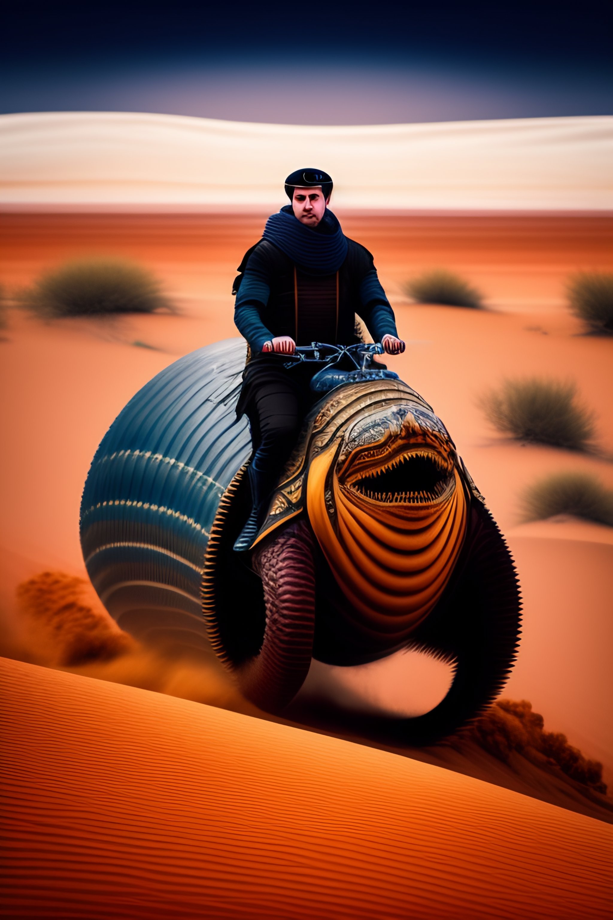 Lexica - Paul atreides riding a sandworm in the impressionist style