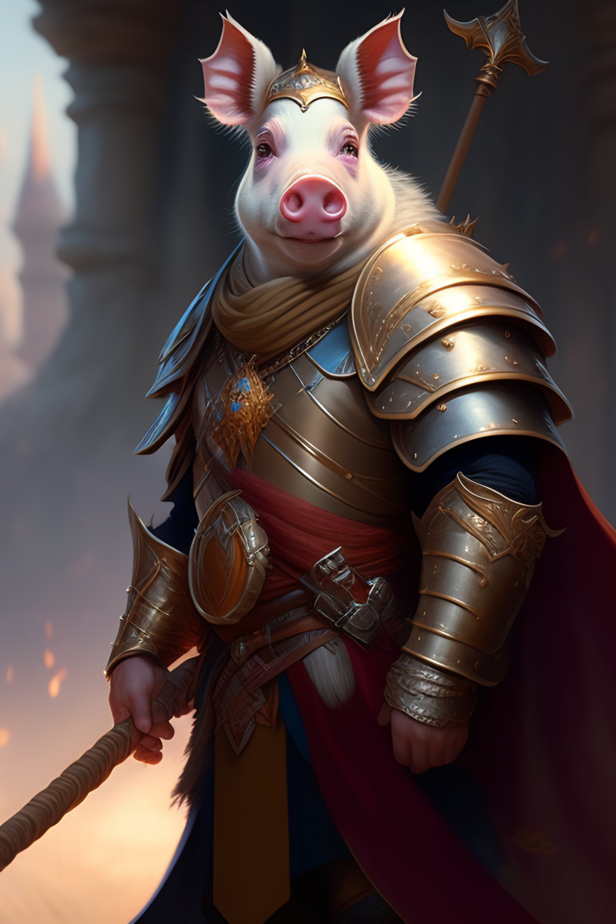 Lexica - A detailed portrait of pig in armor with long magic staff ...