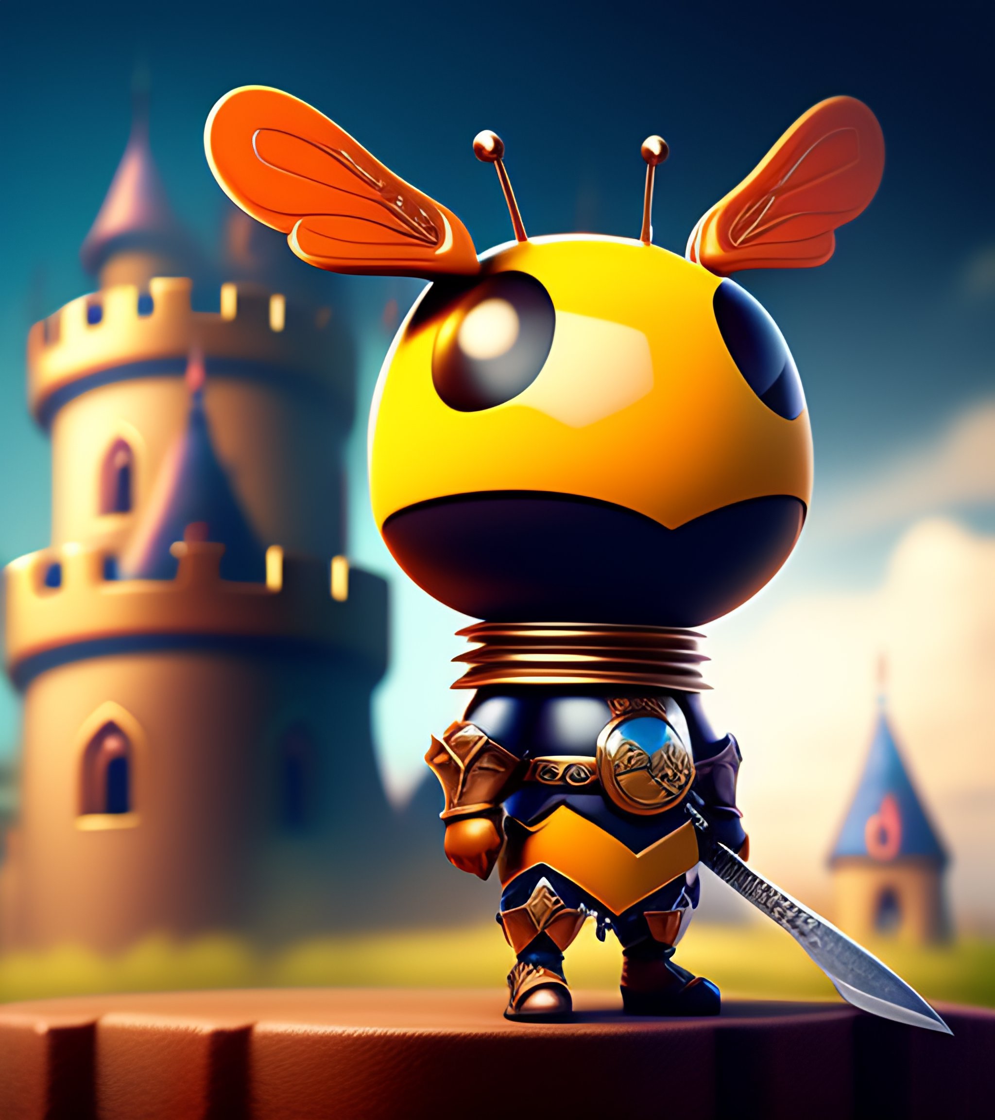 Lexica - Bee with armor and a sword in front of a castle with a coffee cap in a cartoon style 2d ...