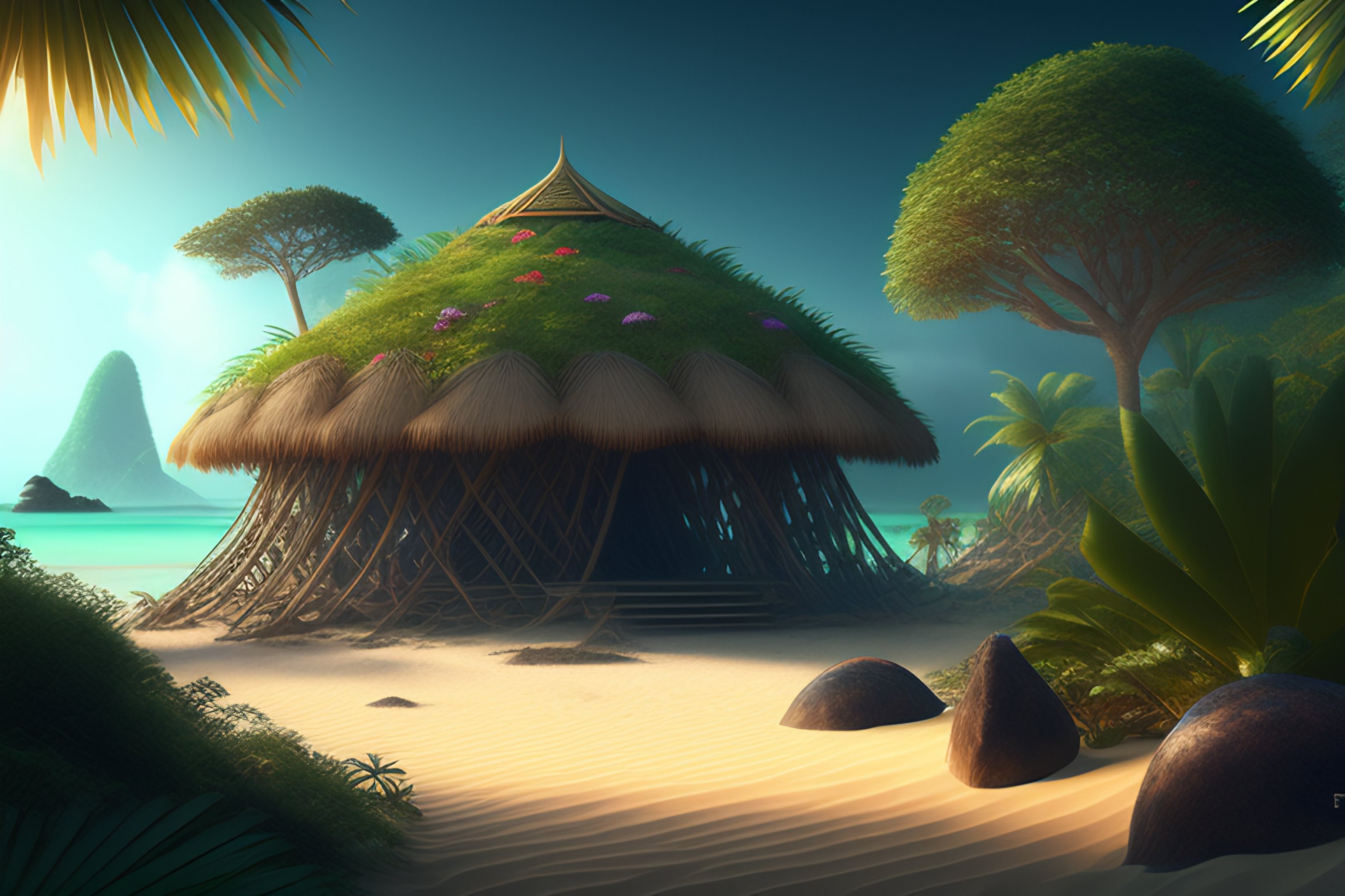 Lexica - Giant elven hut bamboo on tropical island beach yucca giant ...