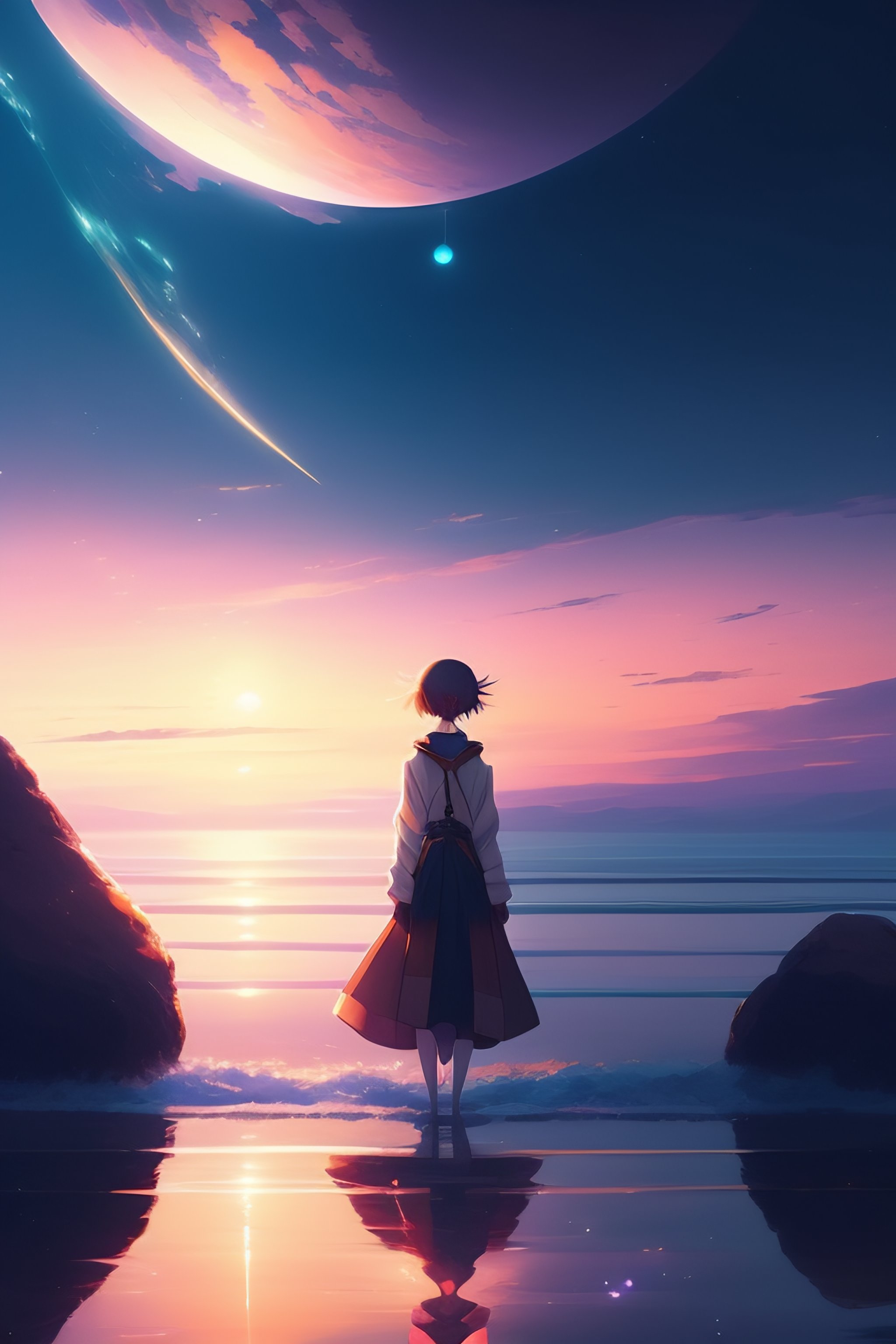 Lexica - Anime girl walking on water, ripples, backdrop of dawn, saturn ...