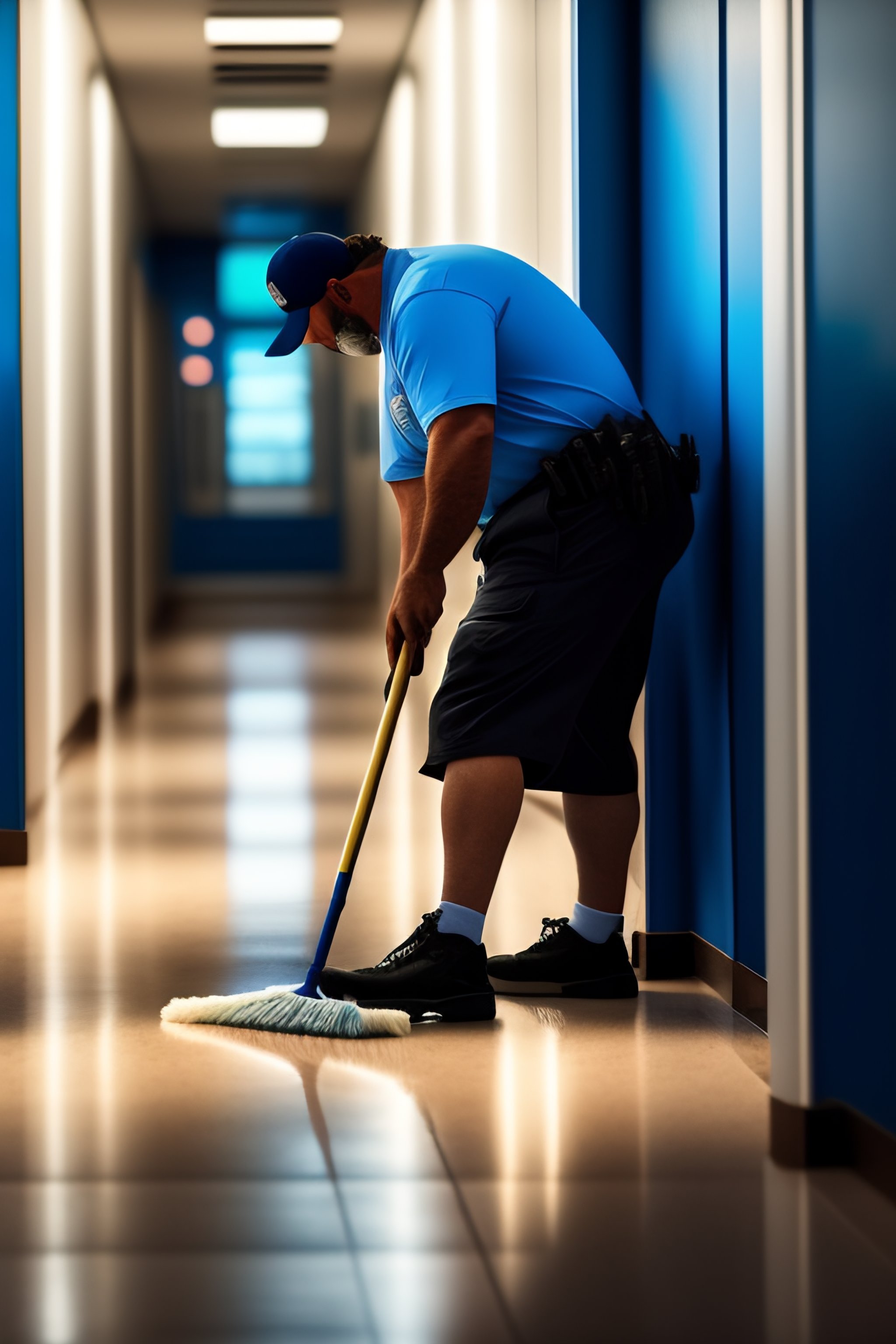 Lexica - White male janitor mopping school hallway floor, thick build ...
