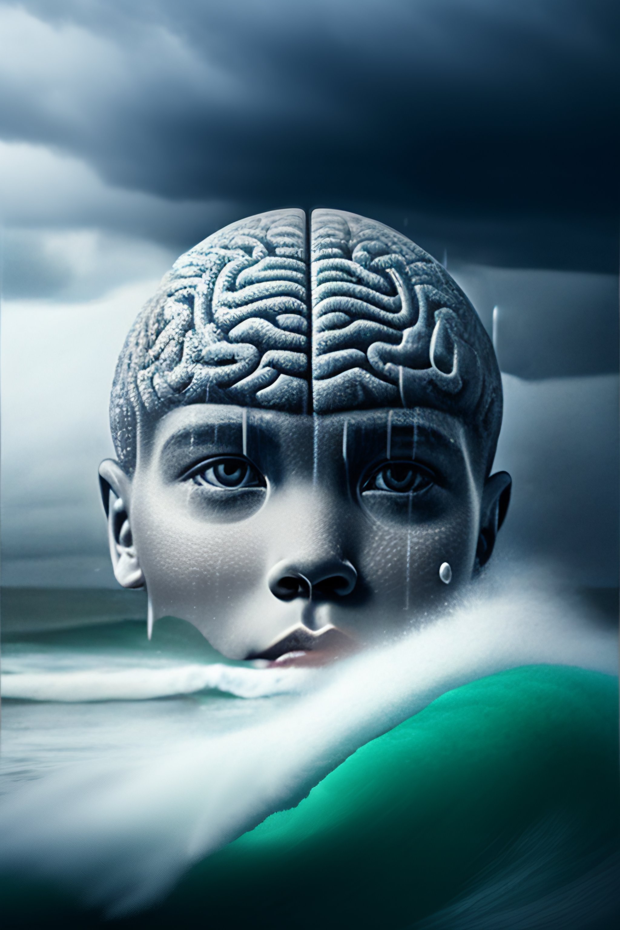 Lexica - A realistic grey human brain and his eyeballs are suspended in ...
