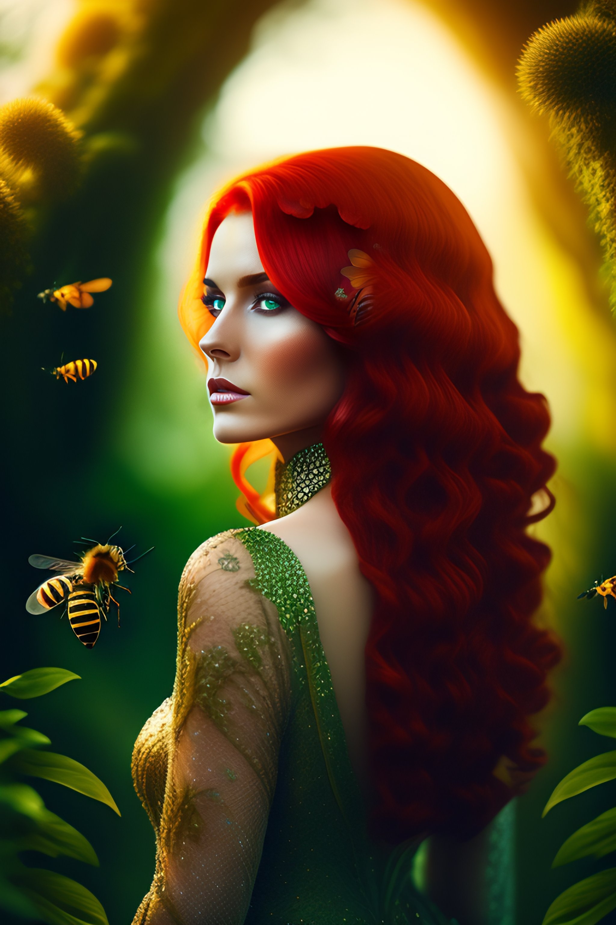 Lexica - Red hair woman with her back turned and large bee, elegance, magic garden honeybee hive ...