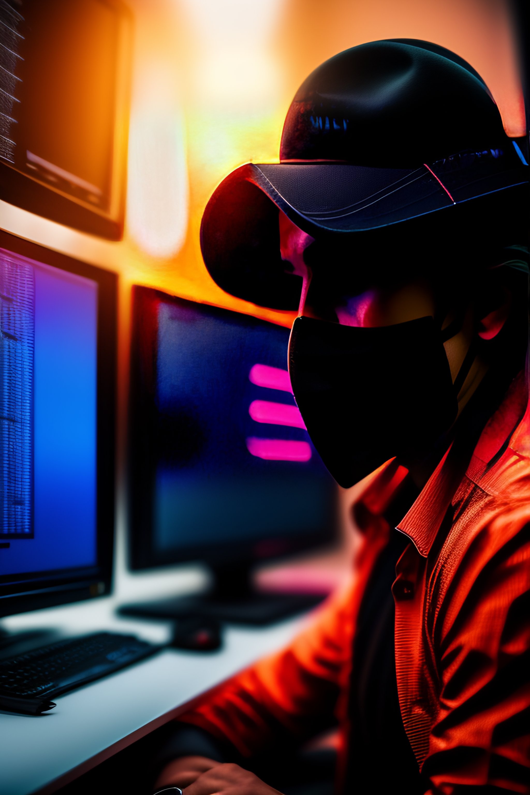 Lexica - Generate an image of a hacker in a mask at a computer with an ...