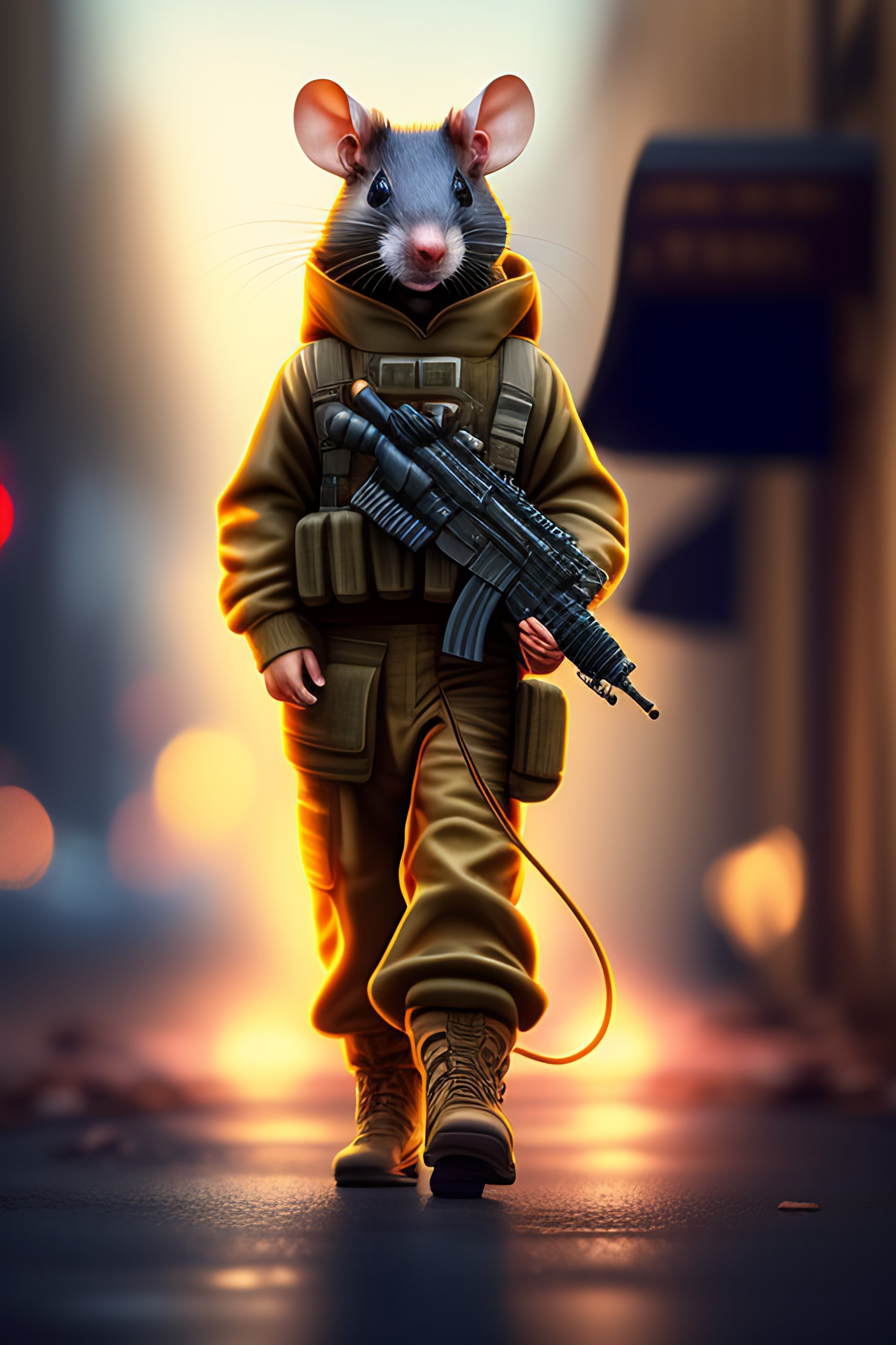 Lexica - A military rat with a machine gun walking with a baby by an ...