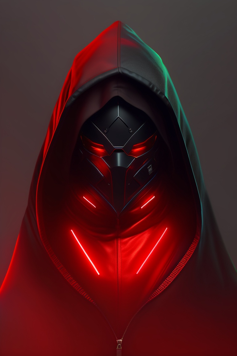 Lexica - Male character, hooded, dark, with neon red and mask, dark ...