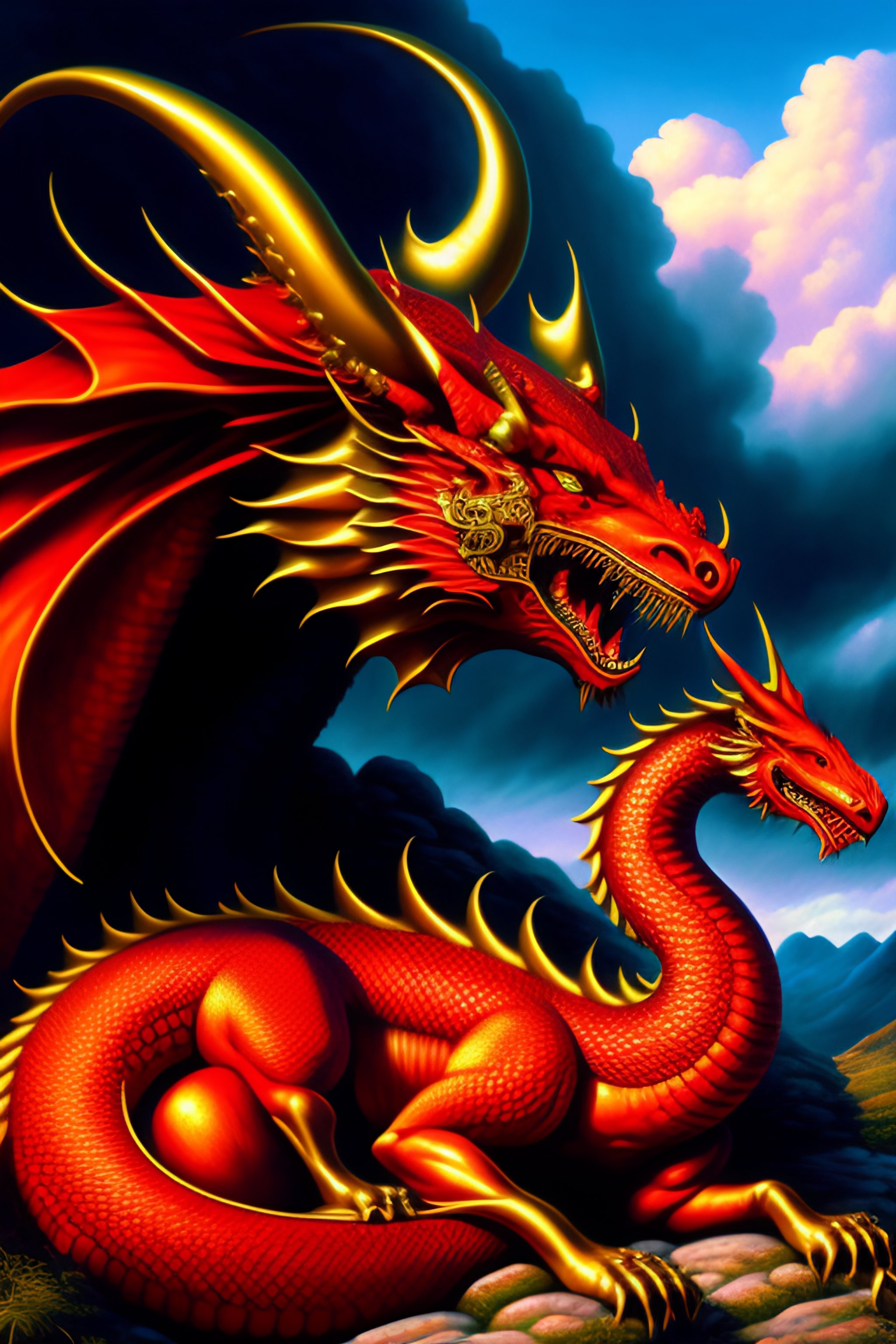 Lexica - Painting, red dragon lying on mound of gold, highly detailed ...