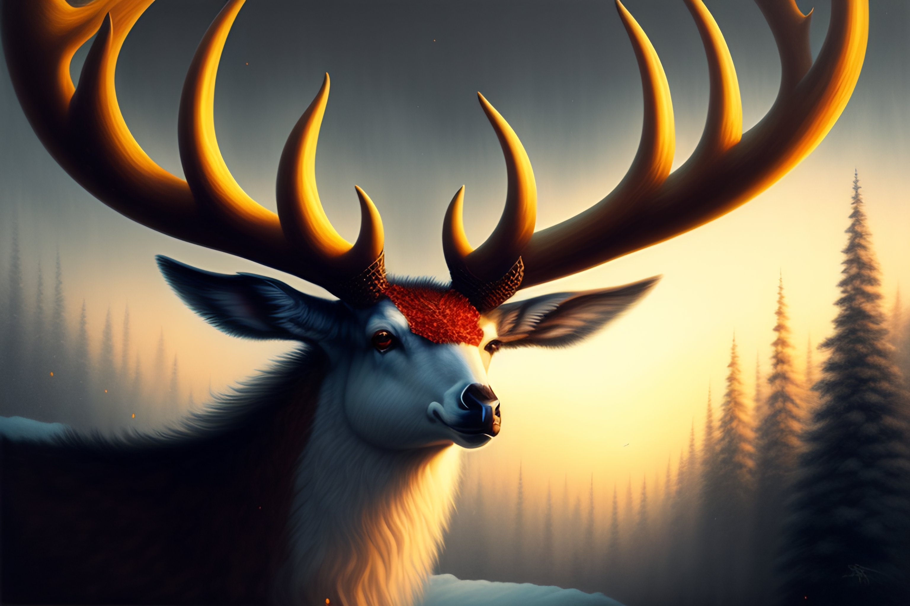 Lexica - Bird entity with enormous antlers, horror art, etching