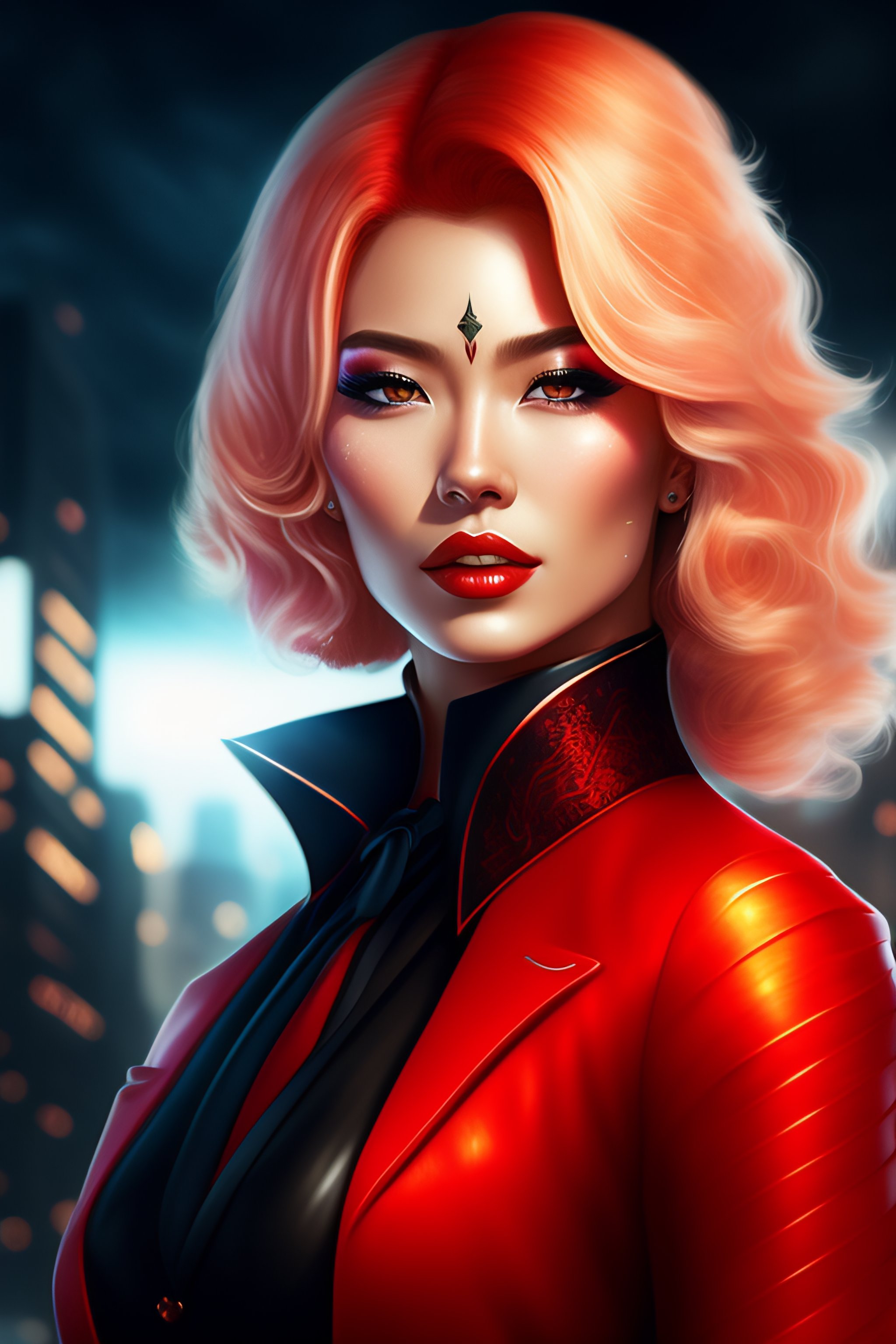 Lexica - Short blonde hair woman in red dress and handsome Japanese ...