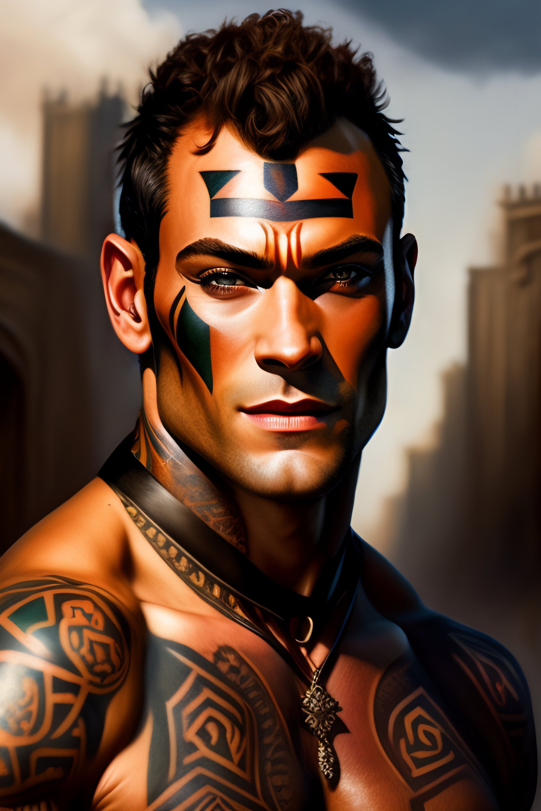 Lexica - Male guy half-orc half-human, jude law face, geometric tatooed ...