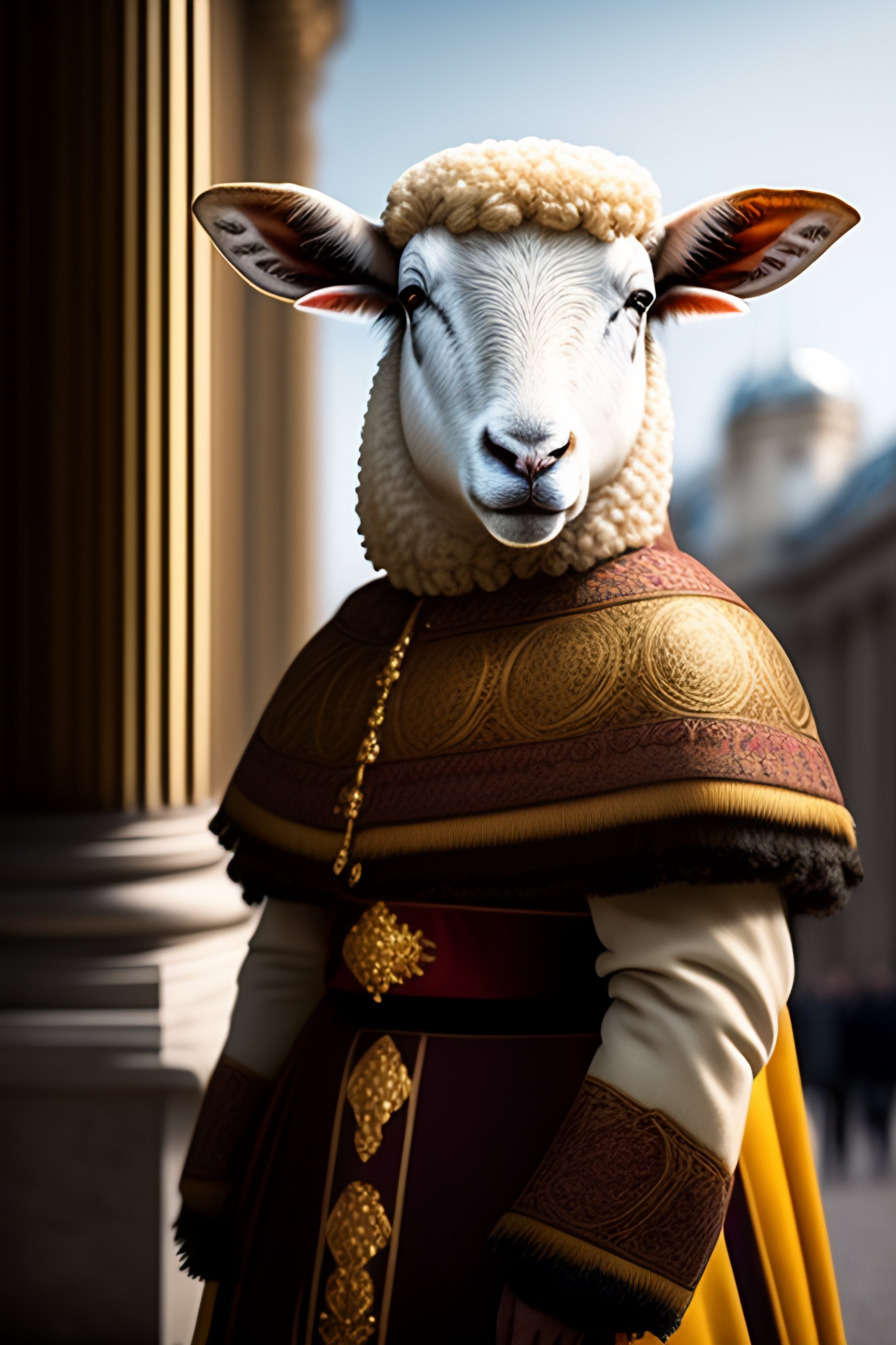 Lexica - Portait of a sheep in baroque armor in front of woollen palace