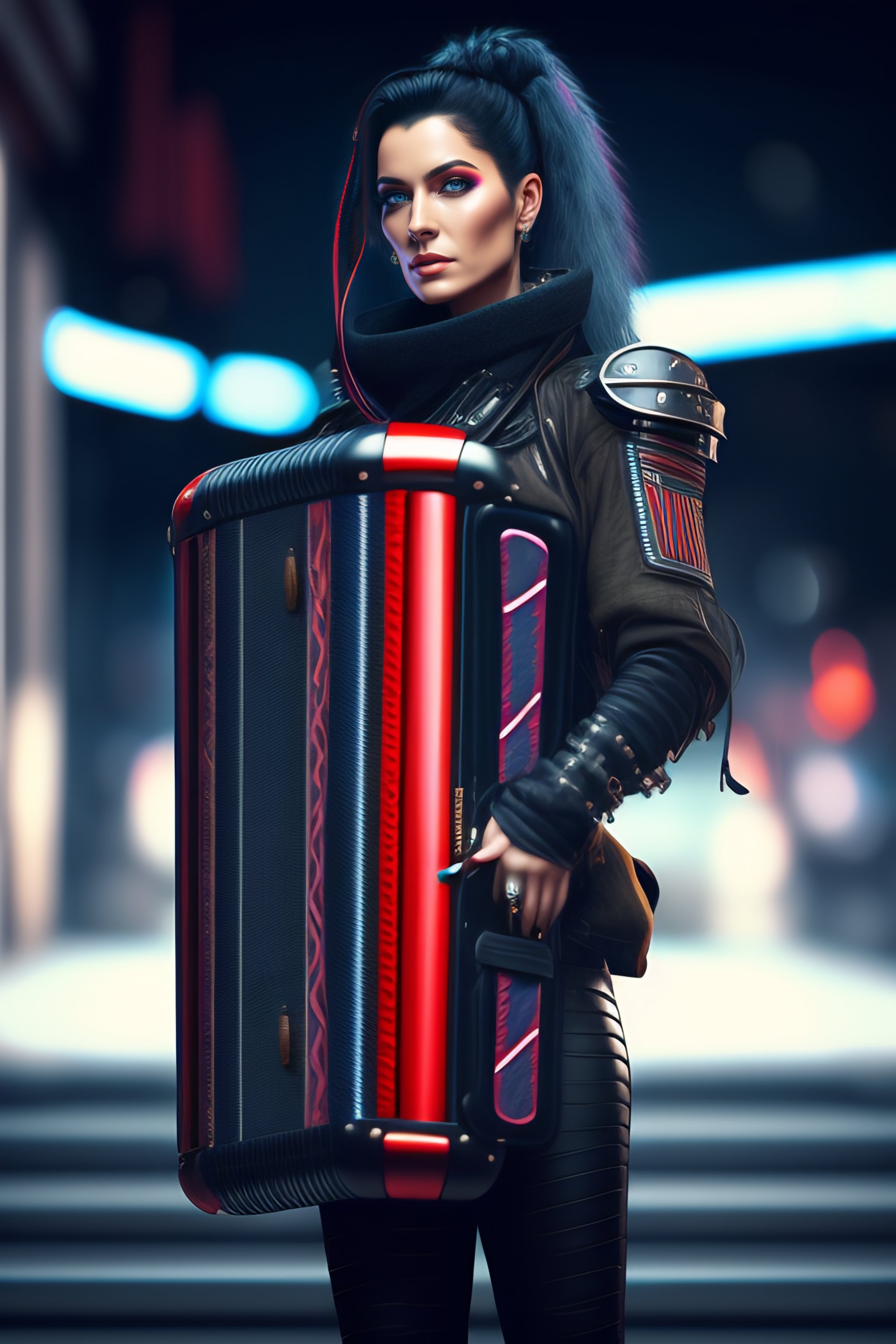 Lexica - Woman with accordion, cyberpunk, badass, realistic 3d render