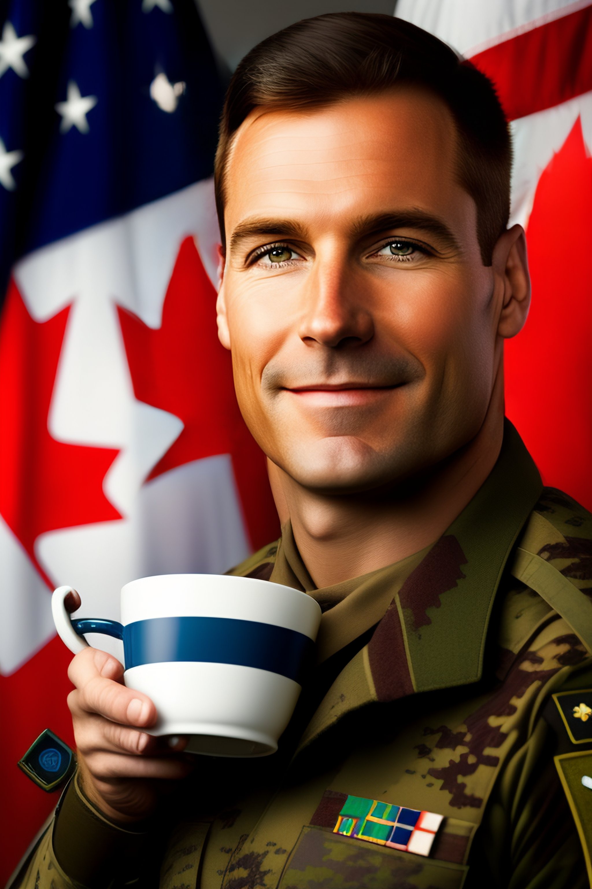 Lexica - Portrait of a canadian military witha coffe cup