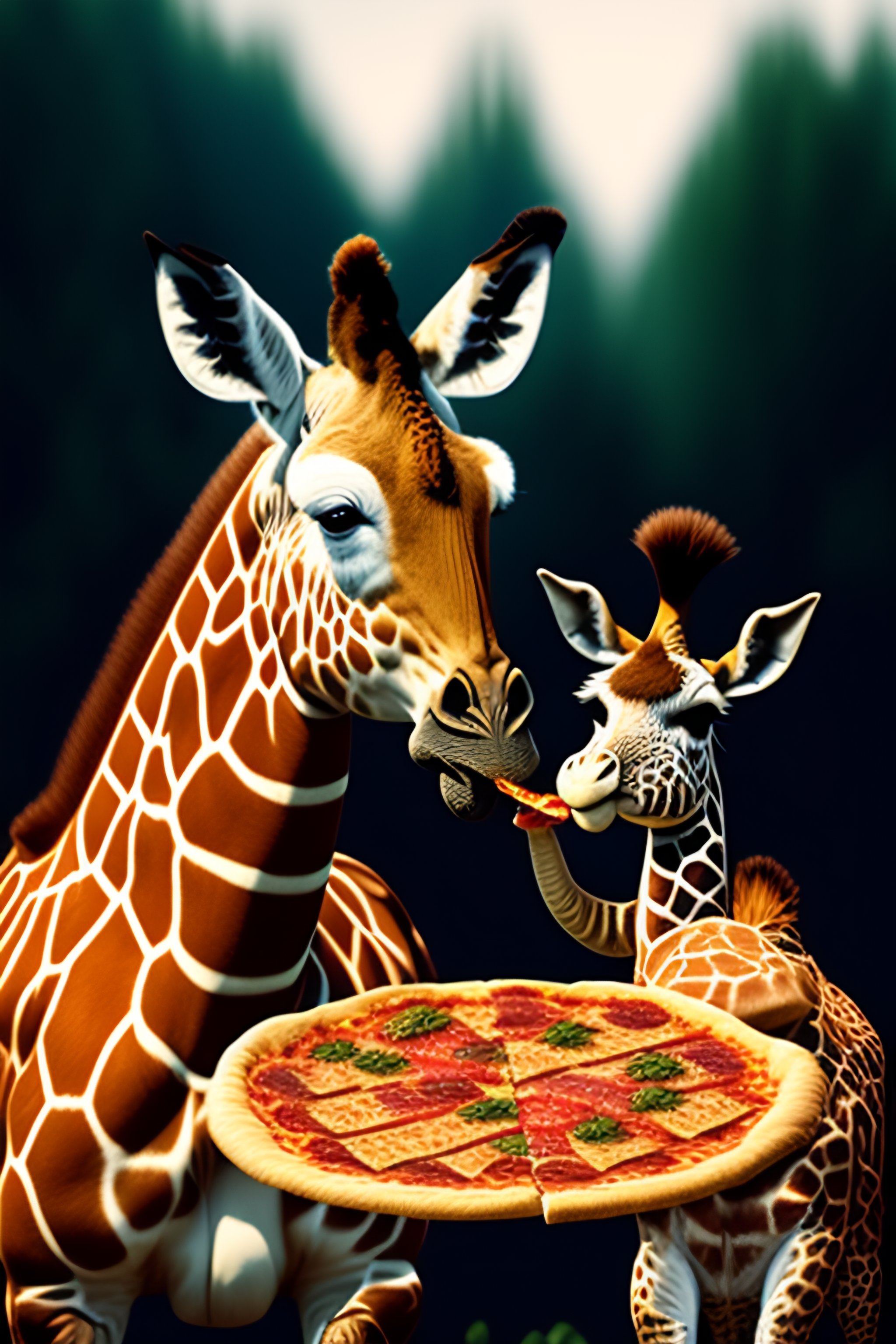 Lexica - Donkey Kong over a giraffe while both eat pizza