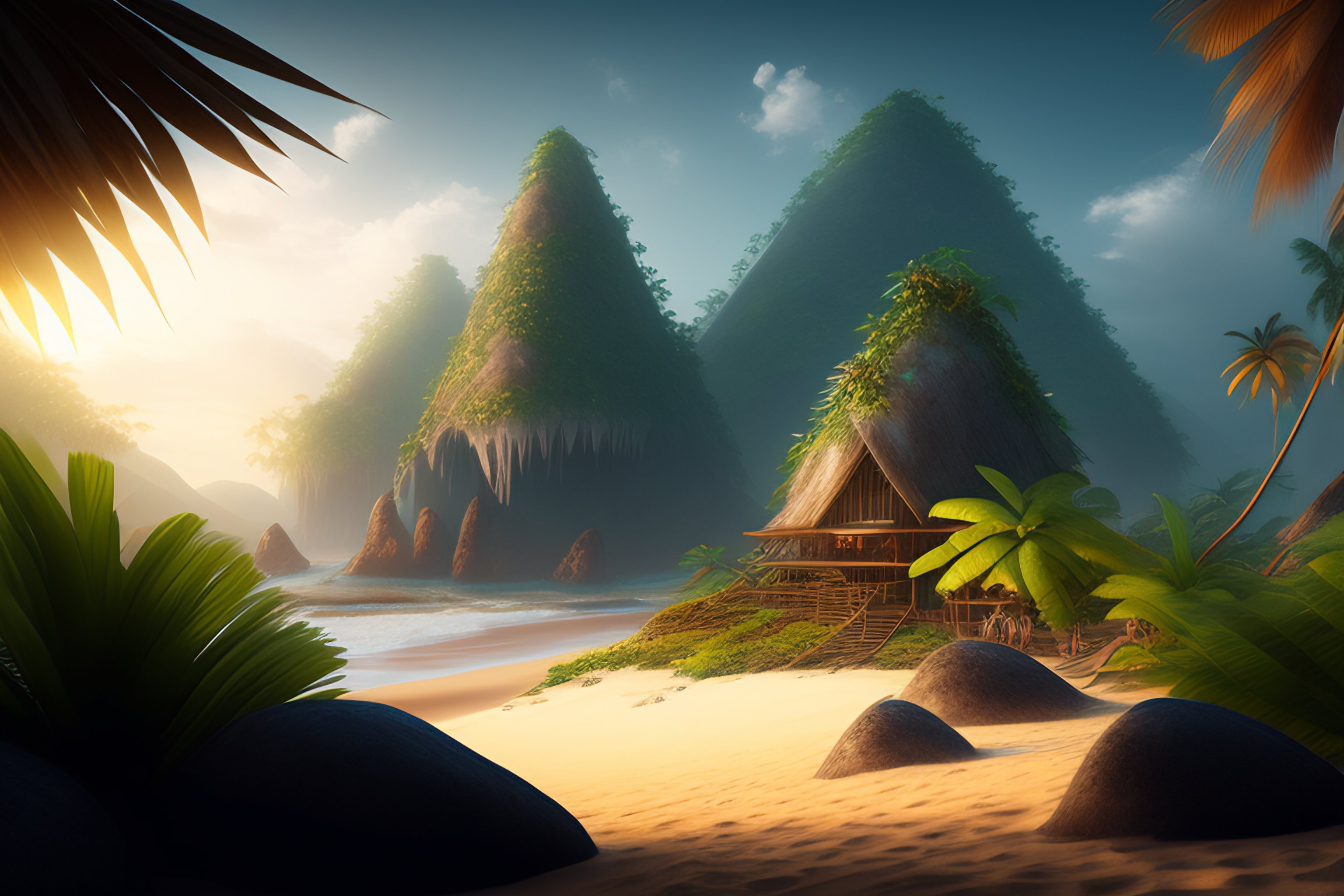 Lexica - Giant elven amerindian hut bamboo on tropical island beach ...