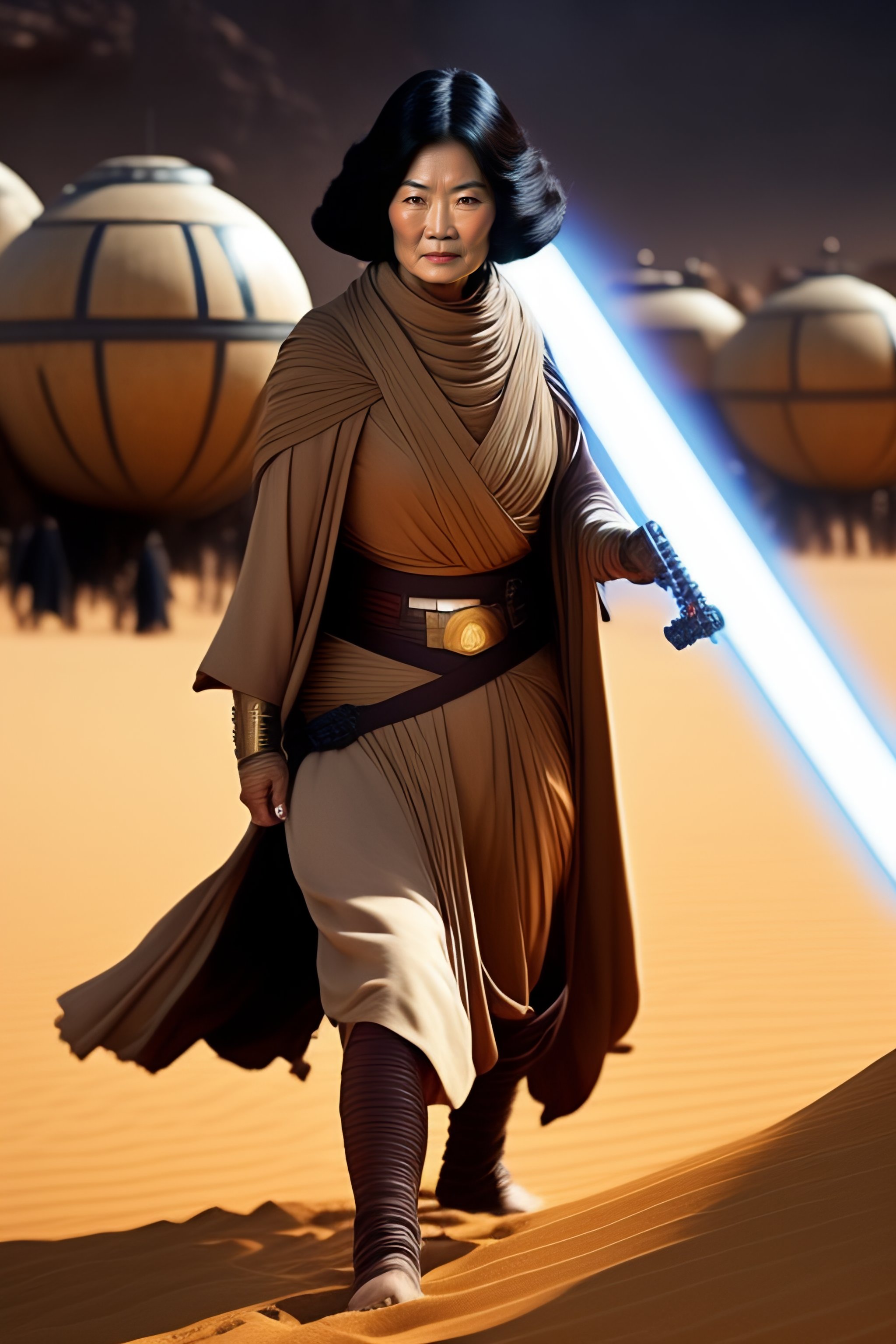 Lexica - Star wars middle aged asian female jedi with a light saber dark hair on tatooine