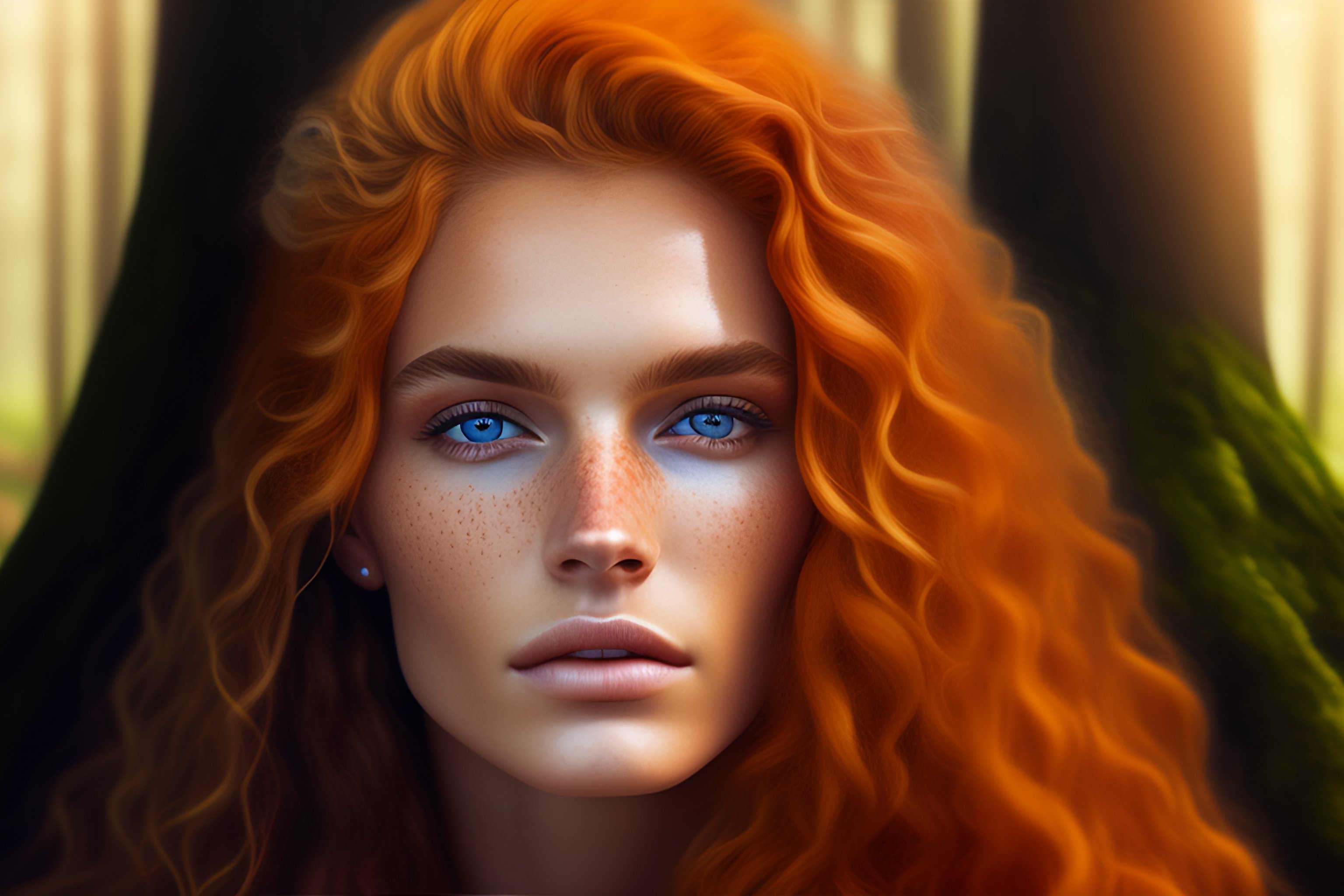 Lexica - Blonde, wild hair, orange eyes, freckles, forest woman