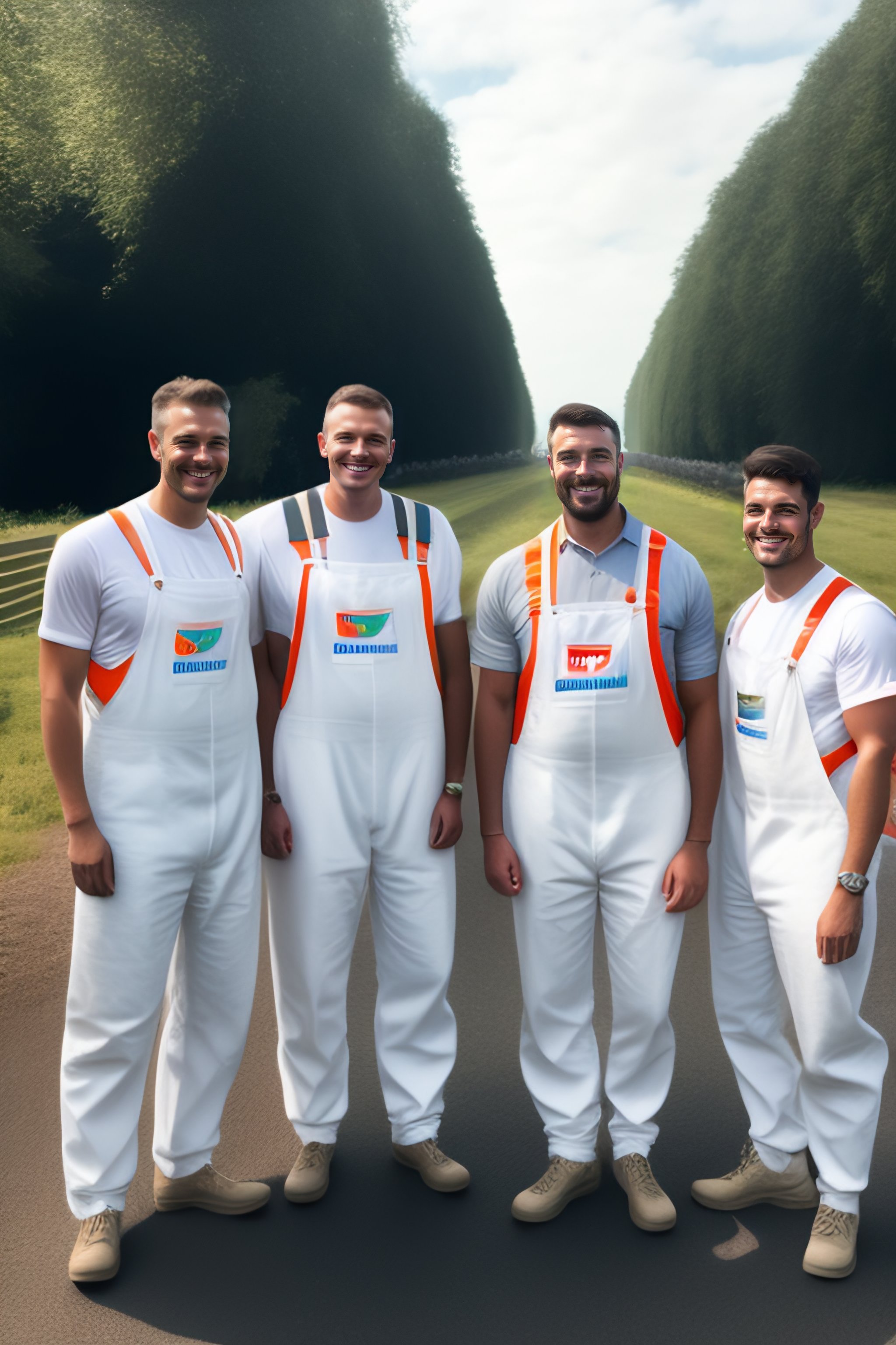 Lexica - An army of smiling painters wearing white dungarees, wide ...