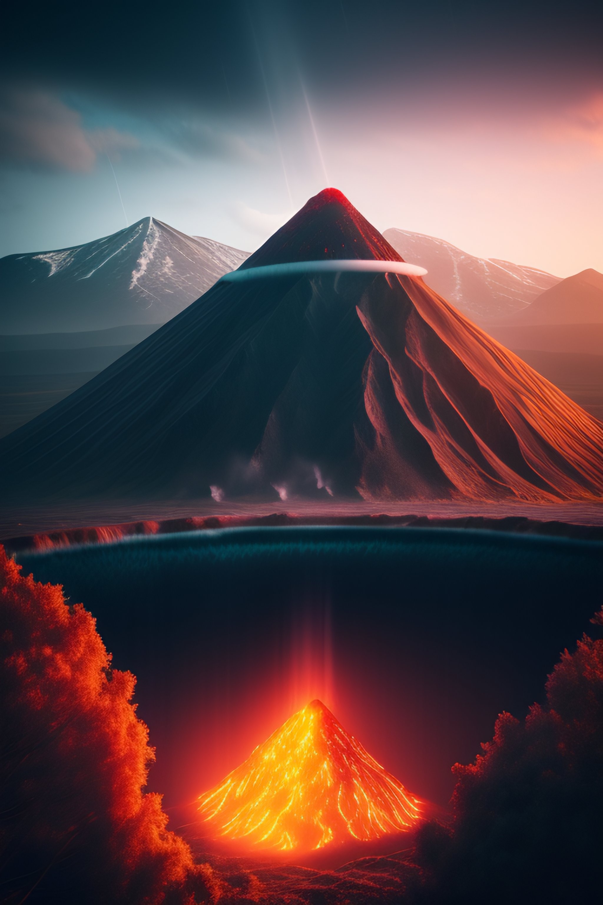 Lexica - A volcano surrounded by a lushy rainy forest rendered in ...