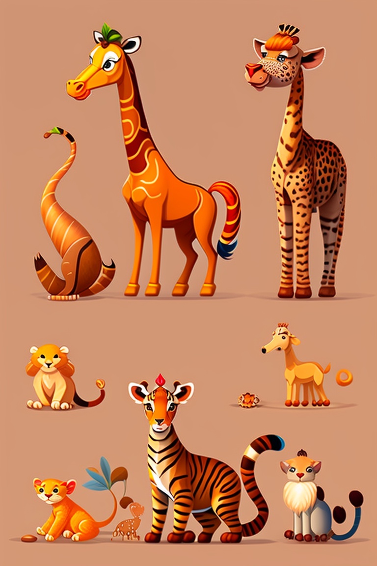 Lexica - Group of animals, loin, giraffe, tiger, monkey, cartoon characters