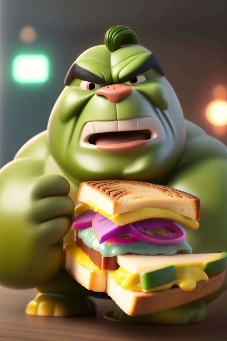 Lexica - A toy from hulk, style Pixar, eating a sandwich