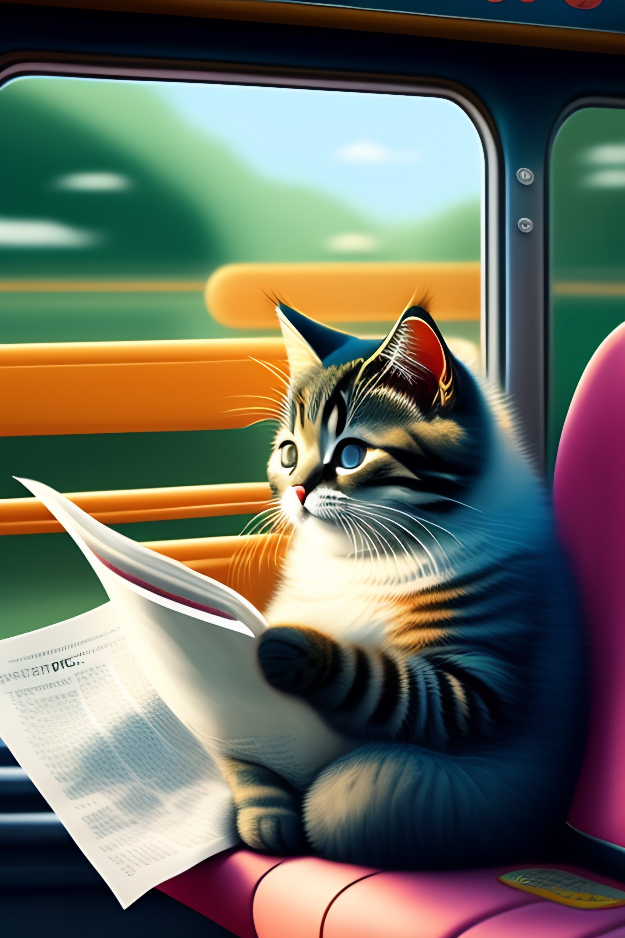 Lexica - Cute kitten beside totoro. reading newspaper in the bus, with ...