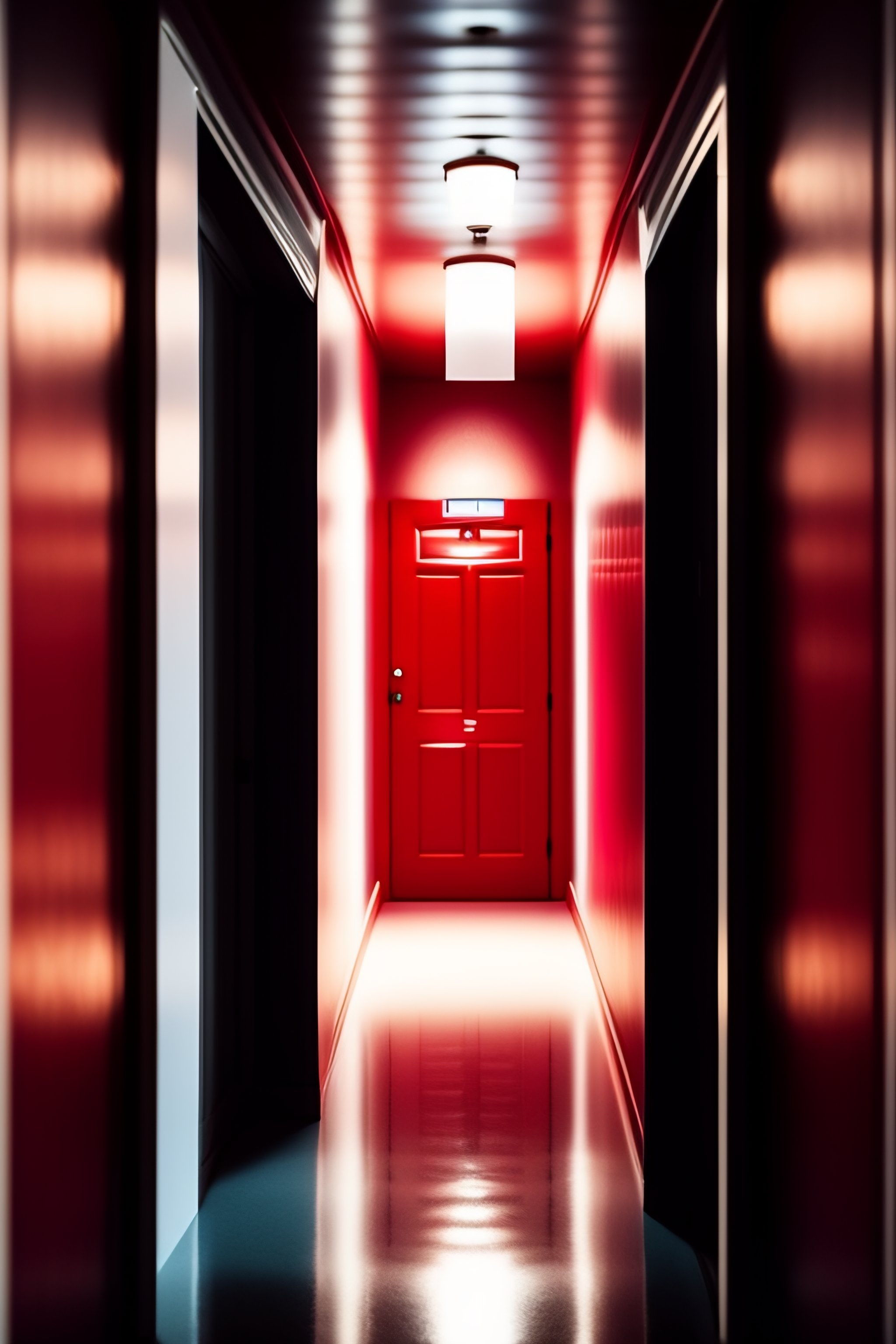 Lexica - A very long featureless white hallway with a single red door ...
