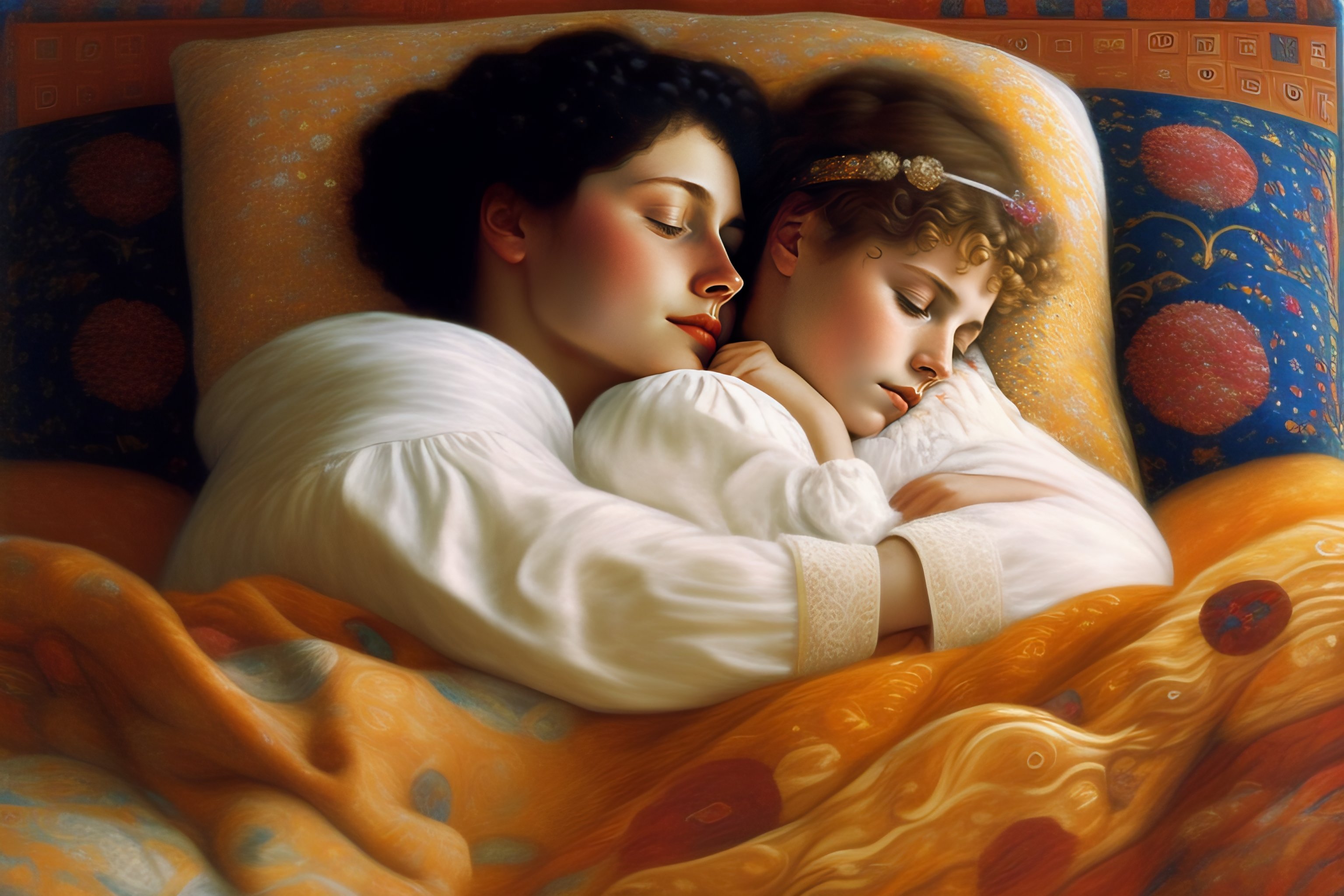 Lexica - Prince kissing princess in bed,by Gustav Klimt