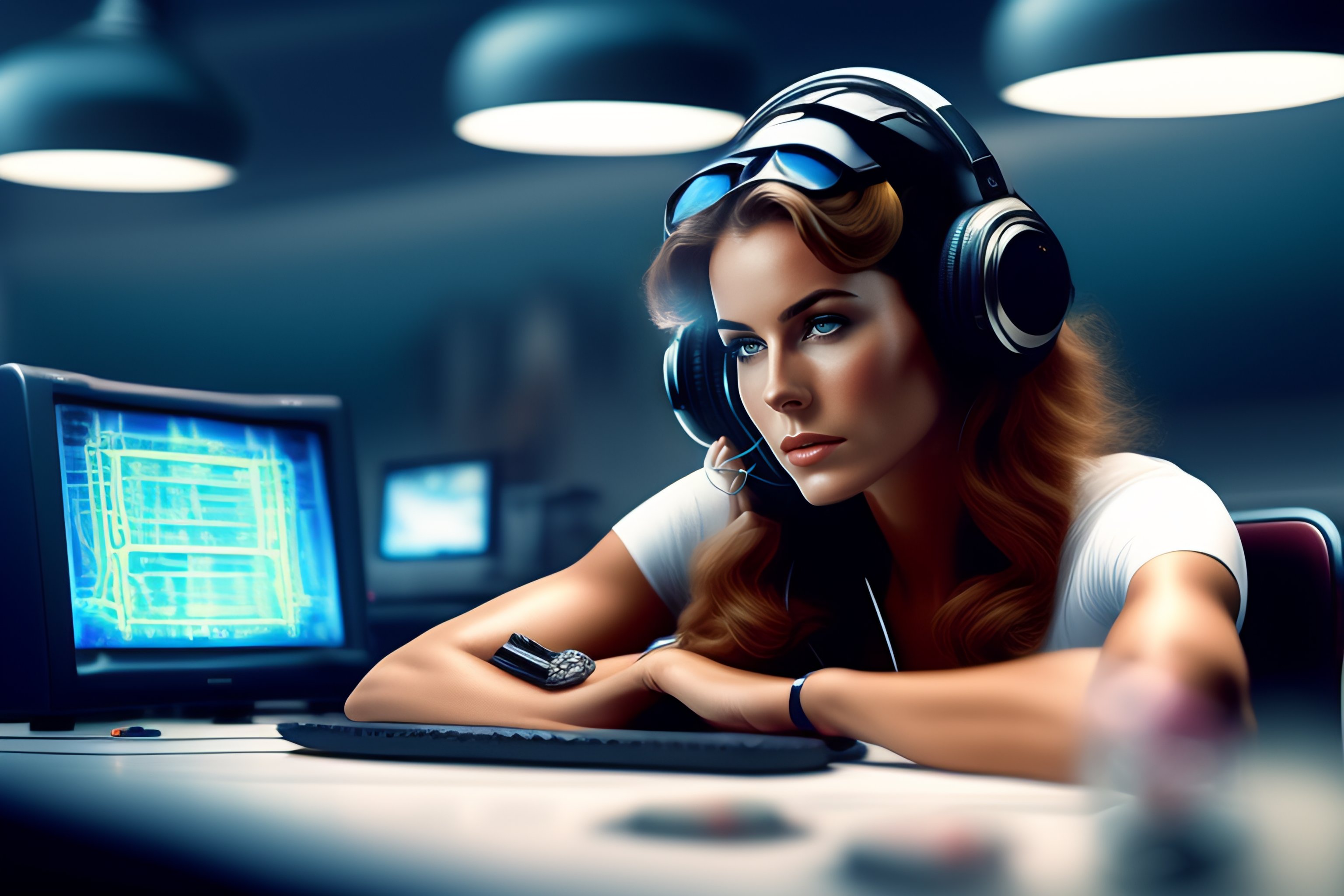 Lexica - Attractive female cyborg sitting at a computer desk working on ...