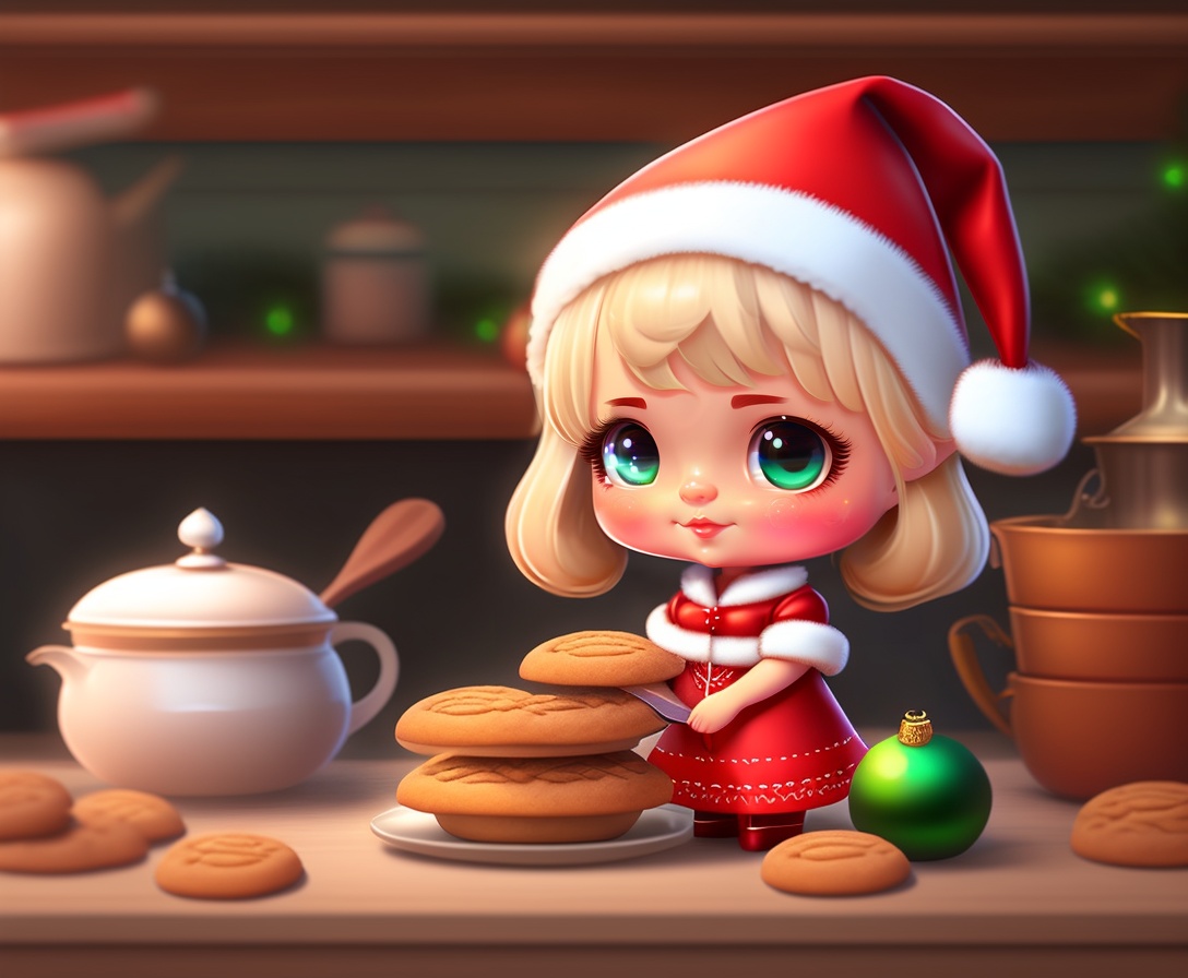 Lexica - Christmas chibi doll w soulful eyes dressed like Mrs. Claus ...
